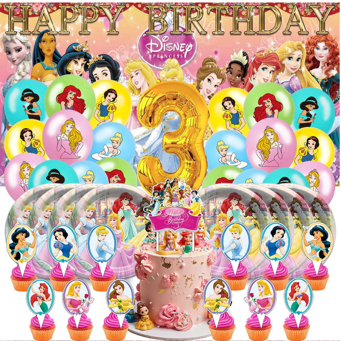Disney Princess Balloons Party Supplies 3rd Decor Tableware Birthday Cake Topper Decorations ...
