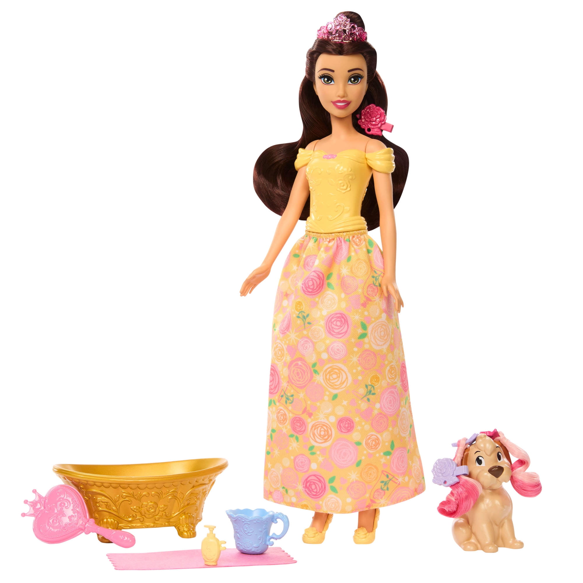 Disney Princess Bathe & Brush Belle Fashion Doll & Dog Figure with ...