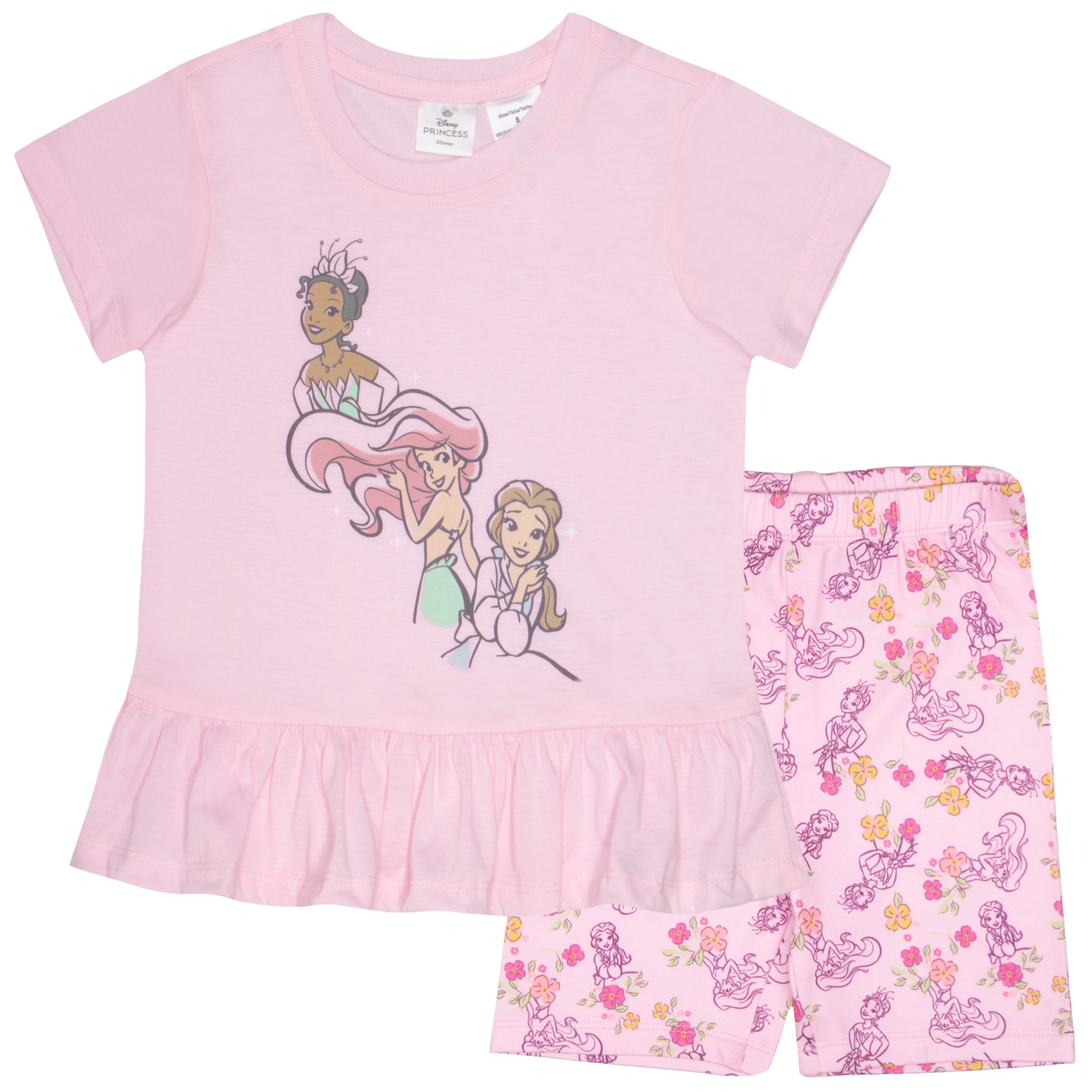 Disney Princess Belle, Ariel and Tiana Girls 2-Piece Ruffle Hem Short ...