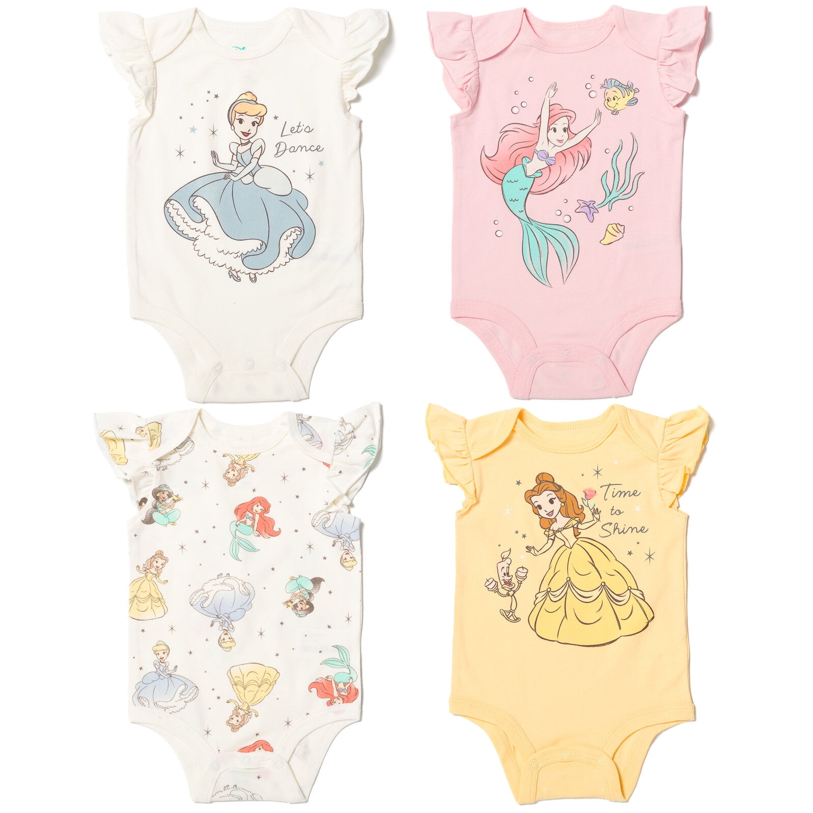 Disney Princess Baby Onesies - Belle, Cinderella, Ariel, 4 Pack Organic ...