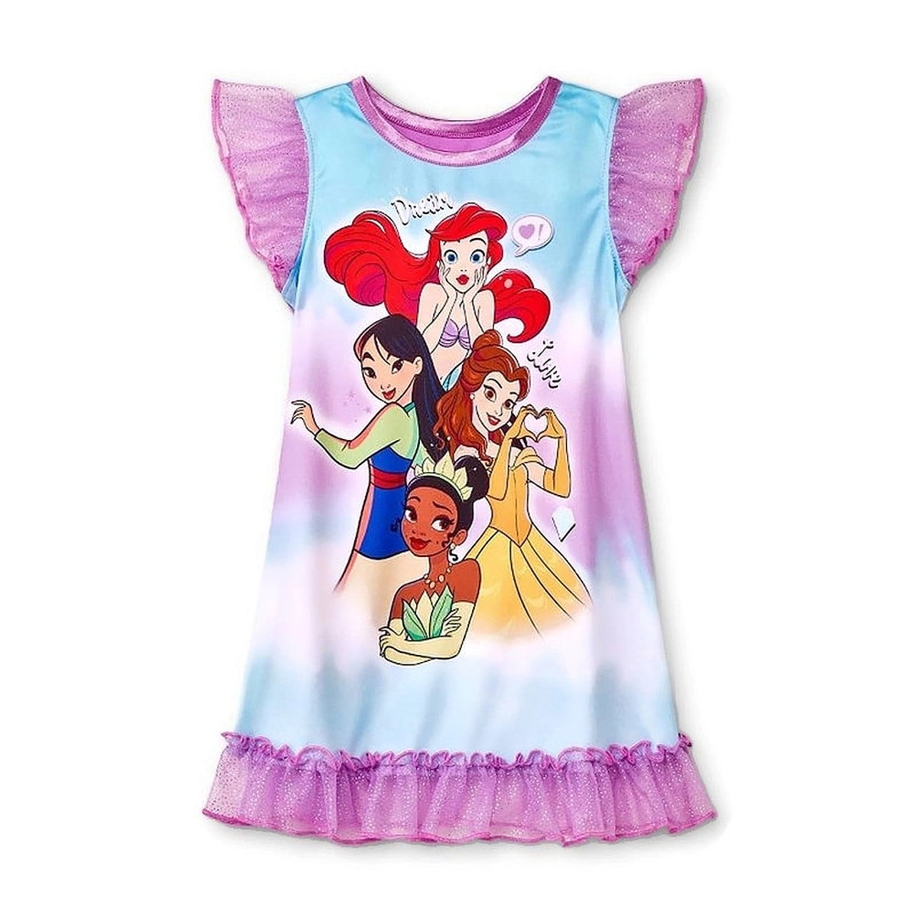 Disney Princess Big Girl's Ariel, Mulan, Belle and Tiana Silky Purple ...