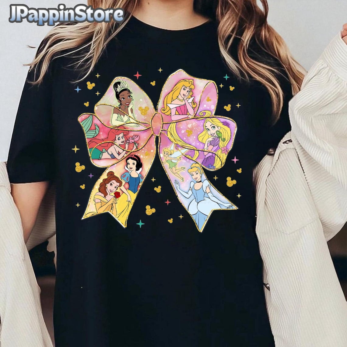 Disney Princess Bow Shirt, Cinderella Ariel Belle Aurora Rapunzel Tiana ...