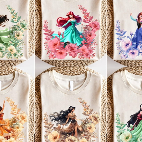 Disney Princess Floral Shirt Cinderella Elsa Ariel Belle Tiana Aurora T ...