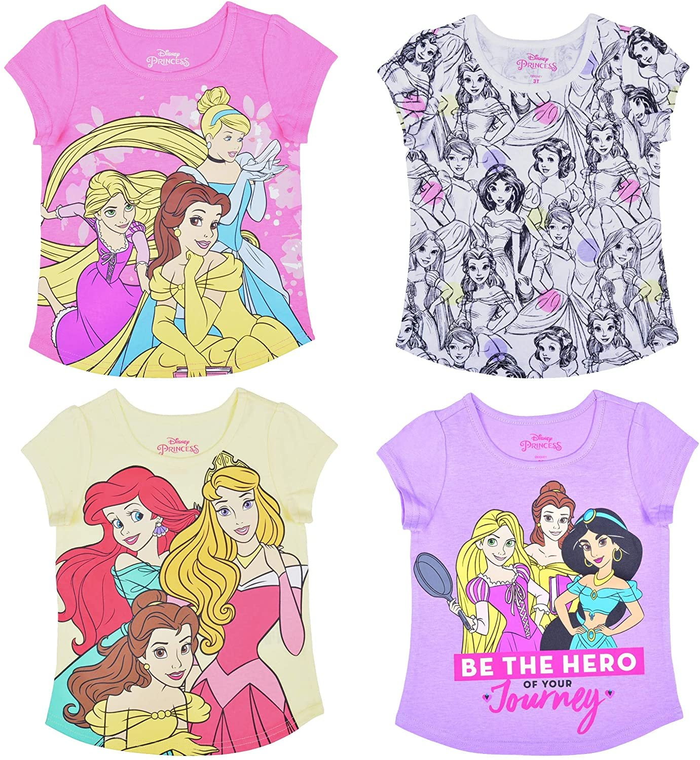 Disney Princess Girl's 4 Pack Short Sleeves Tee Shirt Set, Fashionable ...