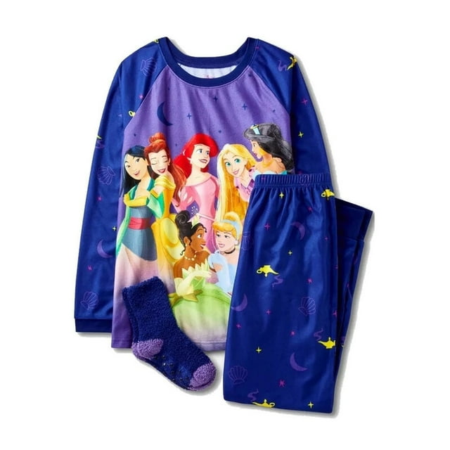 Disney Princess Girl's Brushed Flannel Blue Pajama with Socks Set ...
