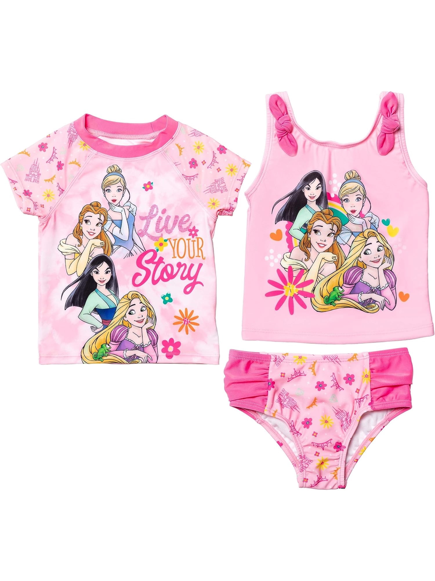 Disney Princess Girls' 3 Piece Rash Guard Swimsuit Set, Sizes 2T-6X ...