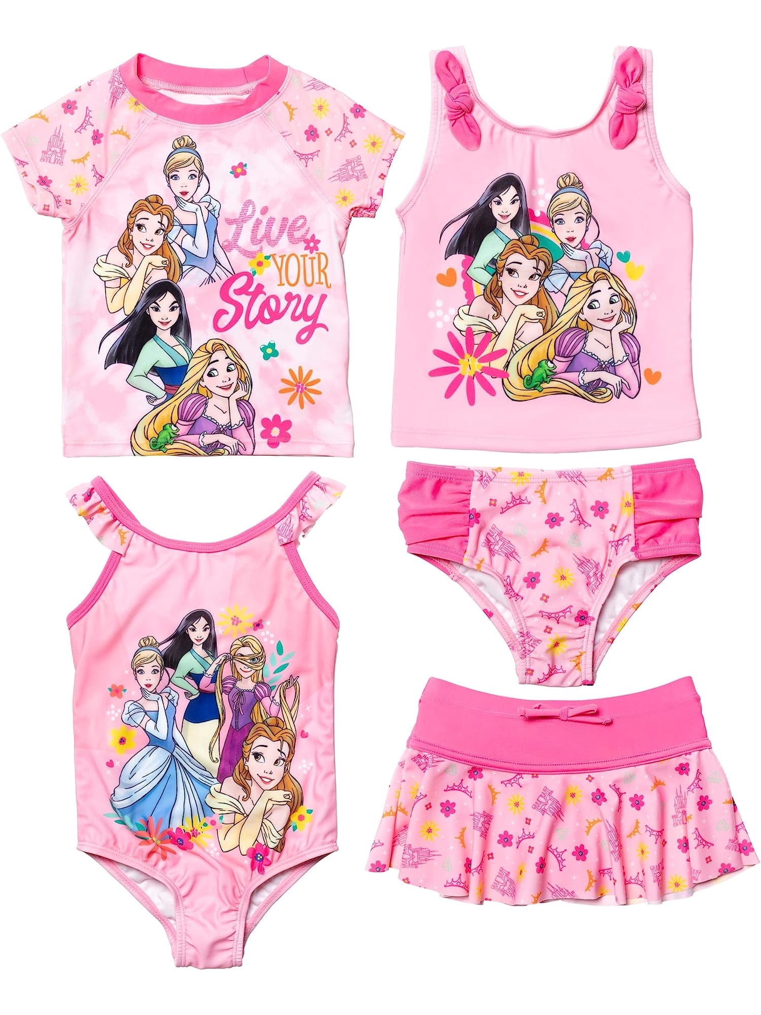 Disney Princess Girls' 5 Piece Rash Guard Swimsuit Set, Sizes 2T-6x ...