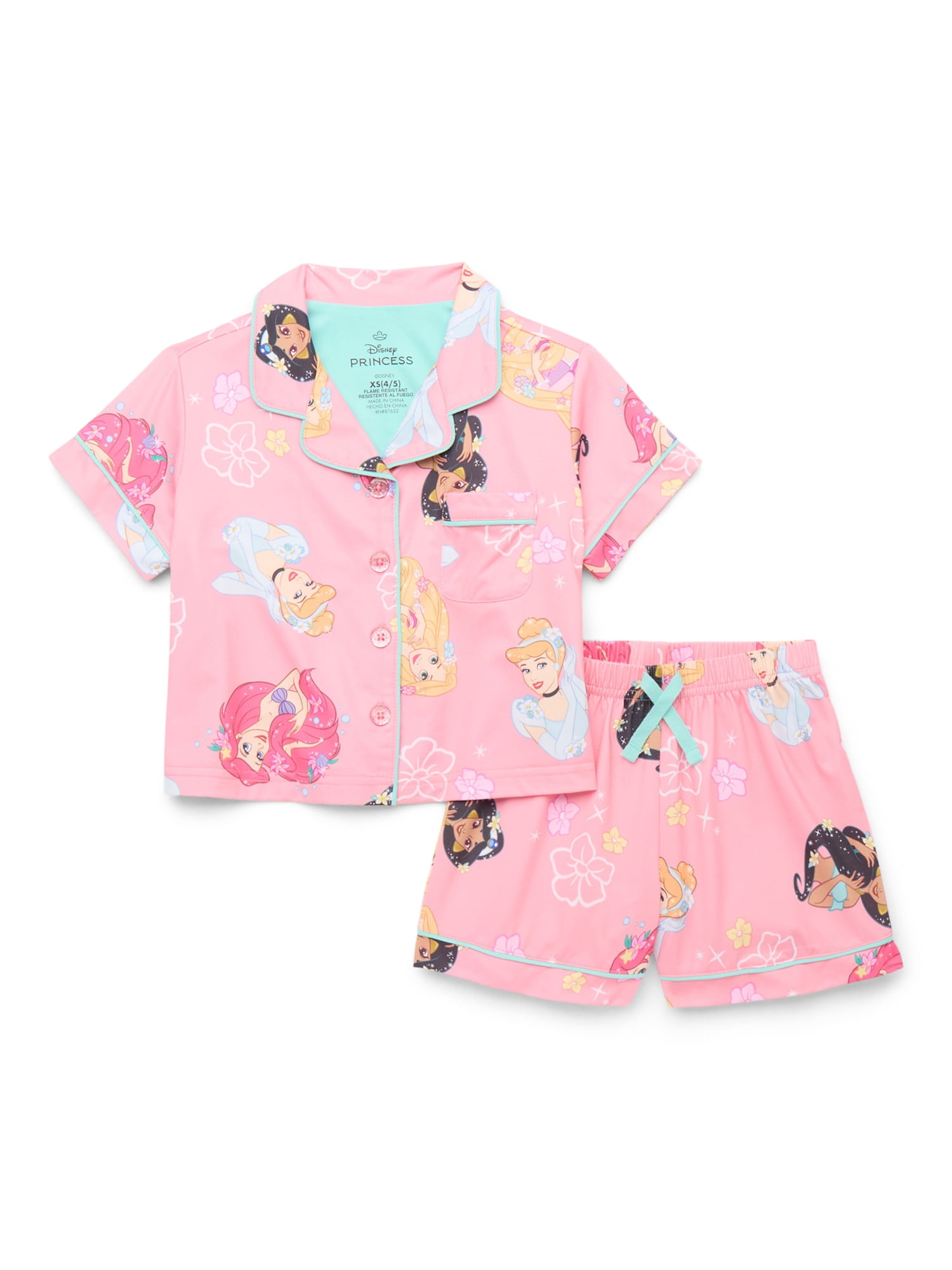 Disney Princess Girls' Button Front Top and Shorts Pajama Set, 2-Piece ...