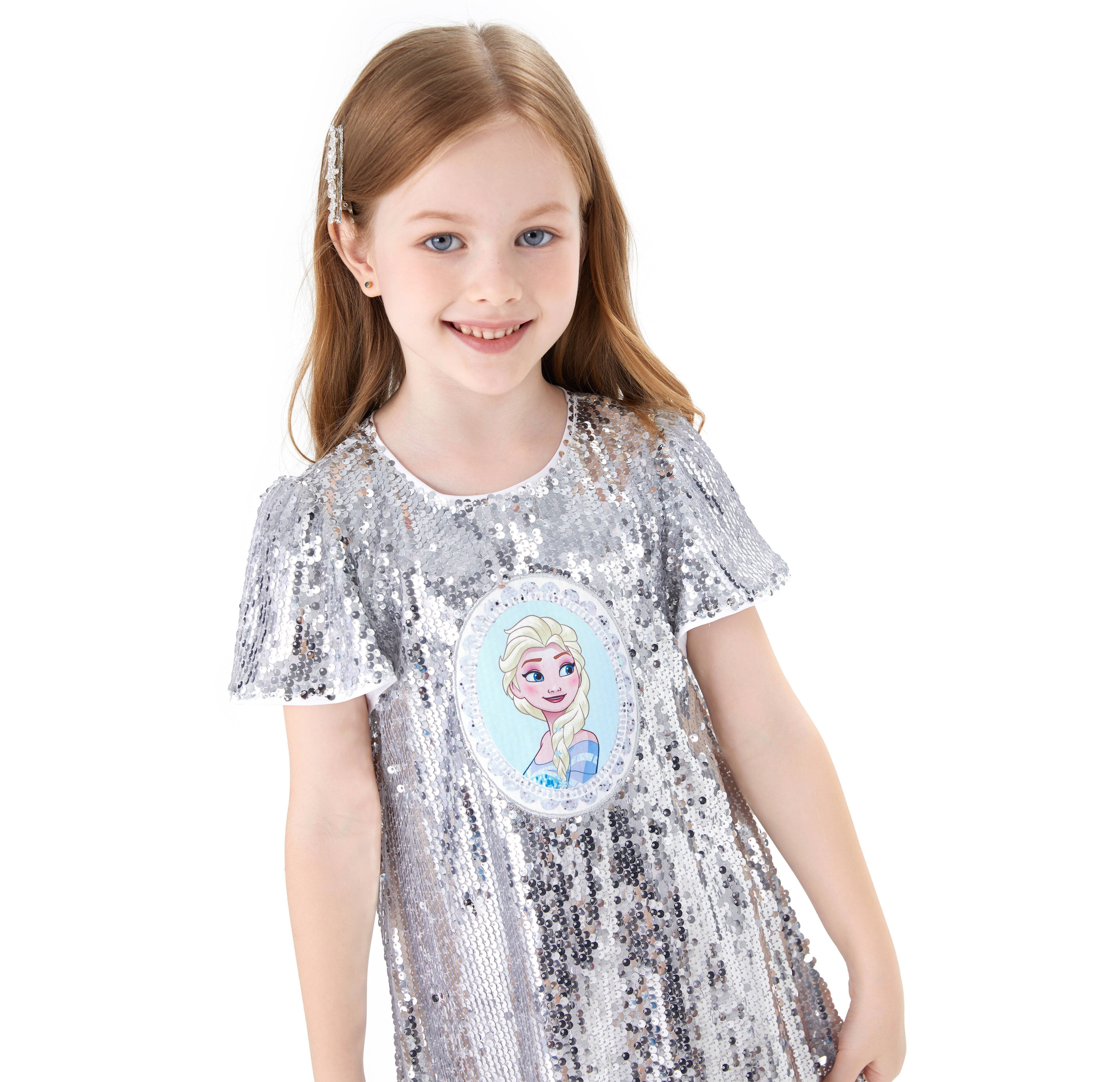 Disney Princess Girls Dresses Elsa Silver Graphic Sequins Short Sleeves ...