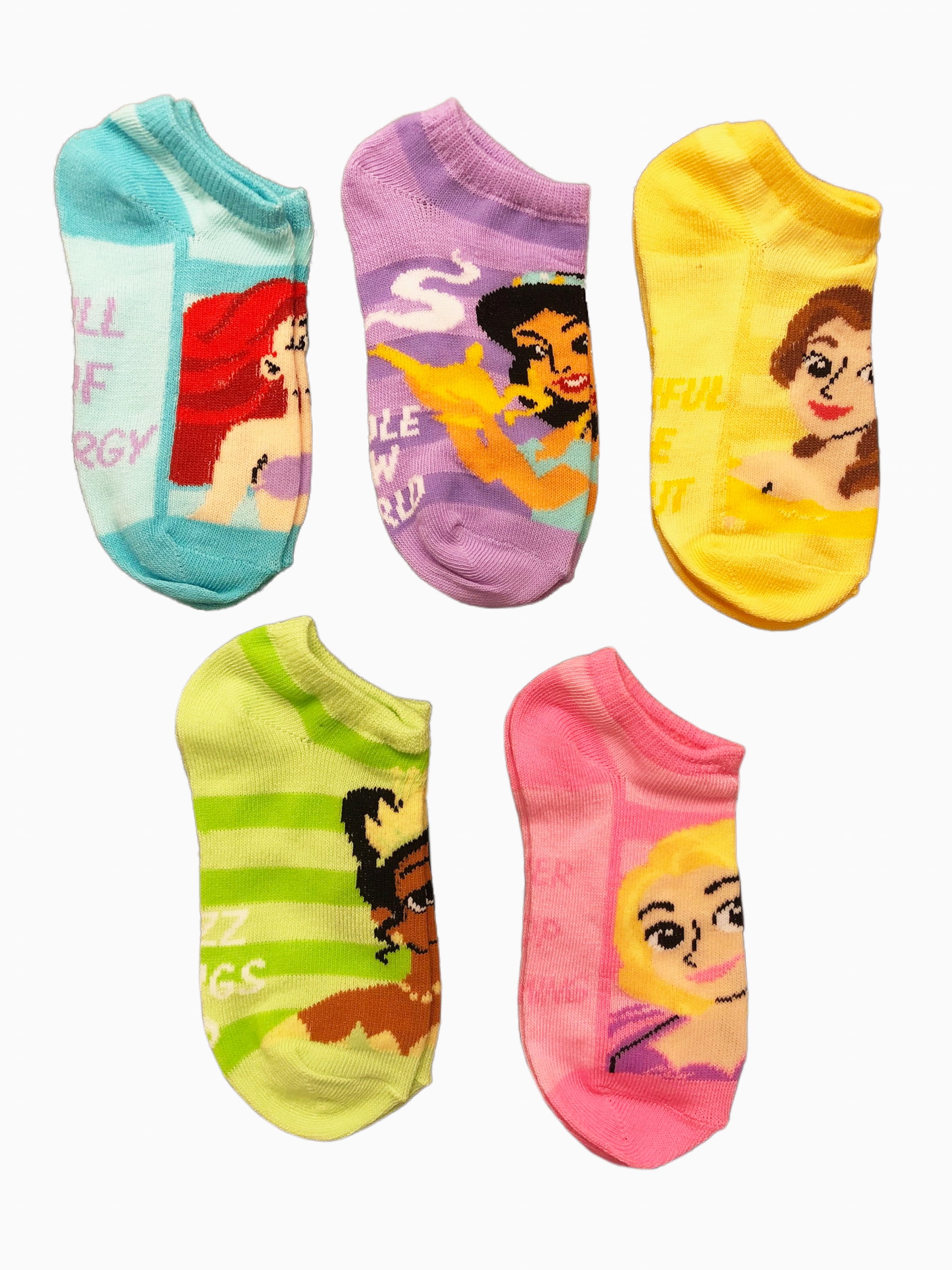 Disney Princess Girls No Show Socks 5 Pack with Ariel Jasmine Belle ...