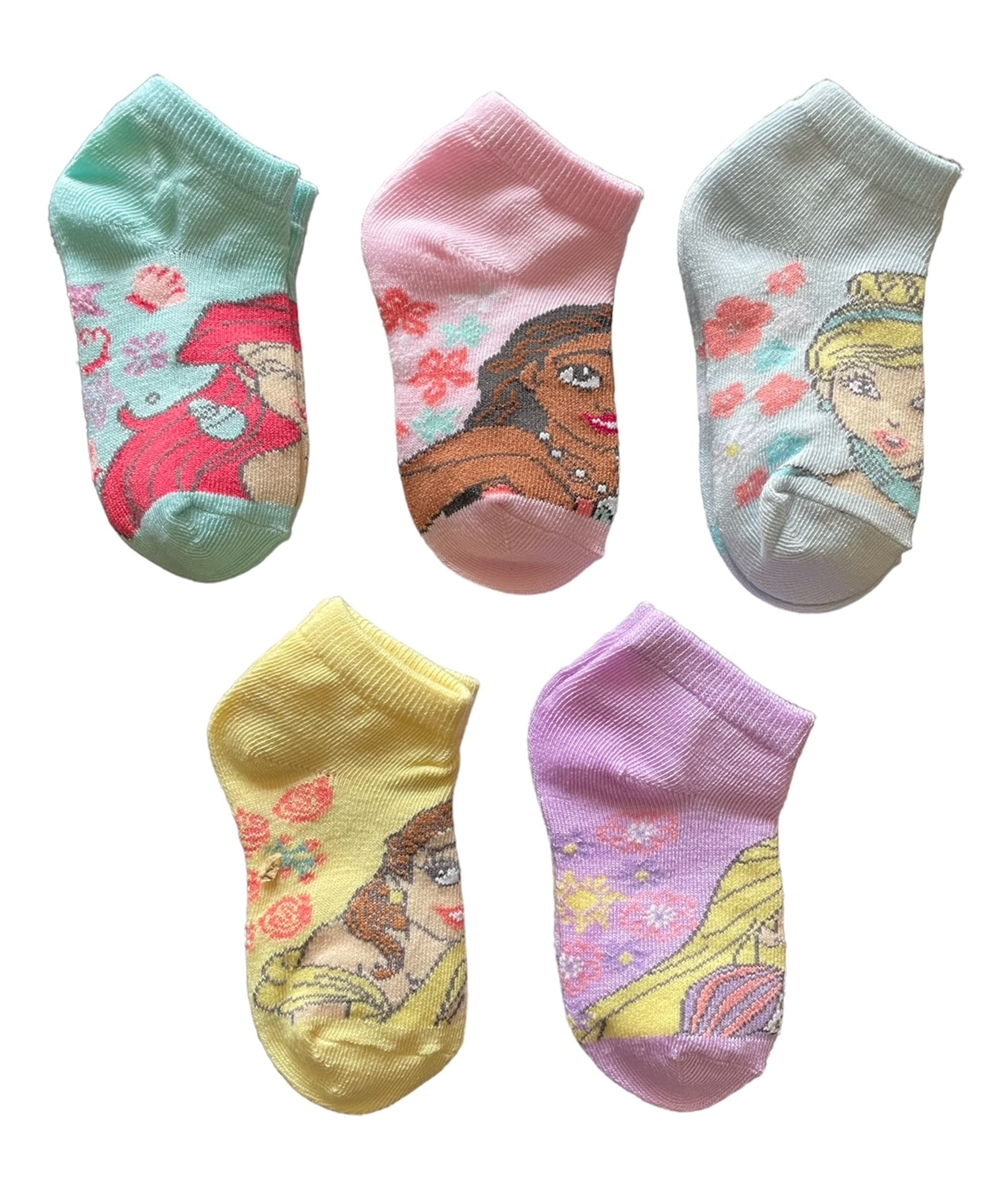 Disney Princess Girls No Show Socks 5 Pack with Ariel, Moana ...