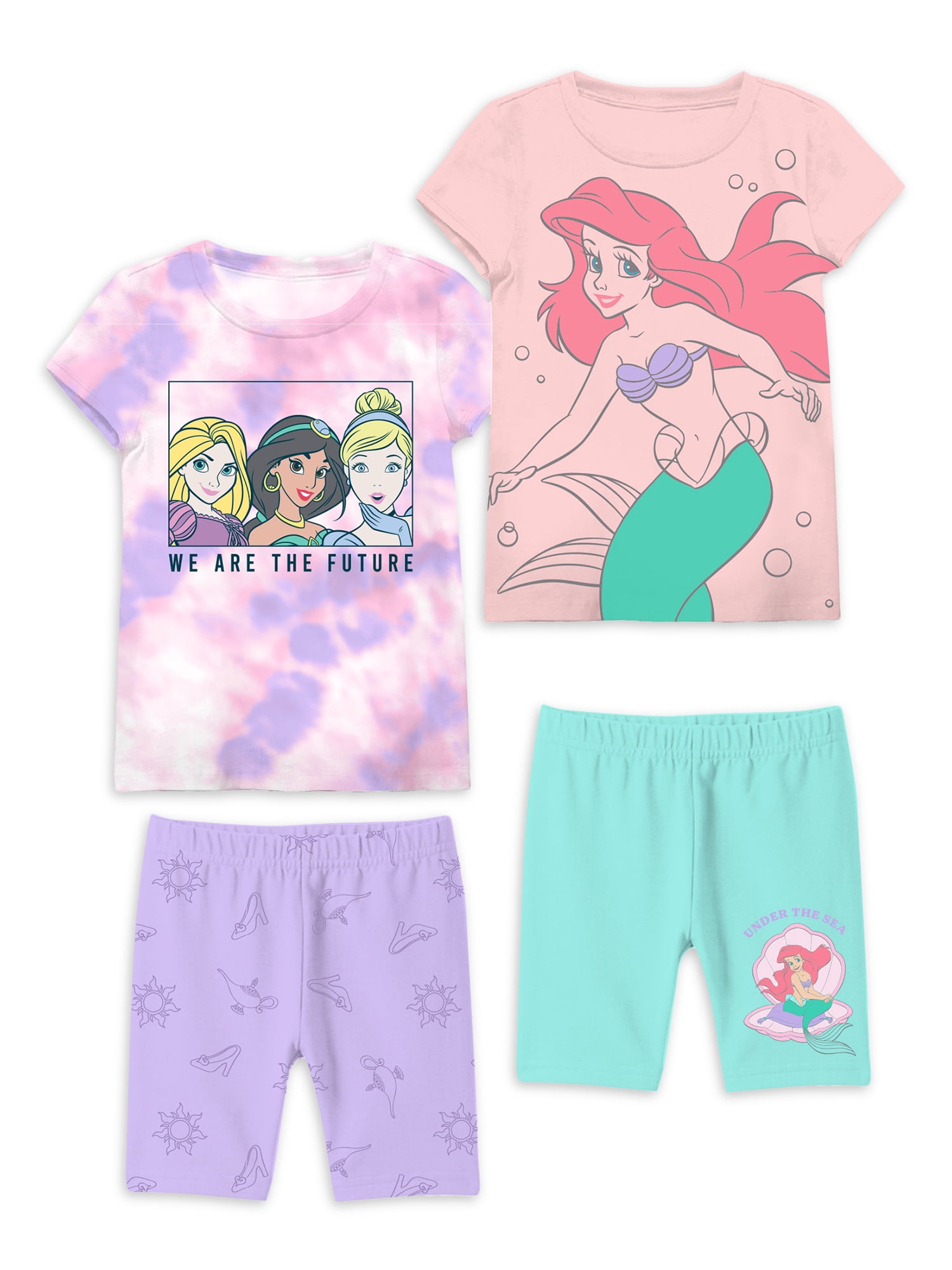 Disney Princess Girls Short Sleeve T-Shirts and Bike Short 4-Piece Mix ...
