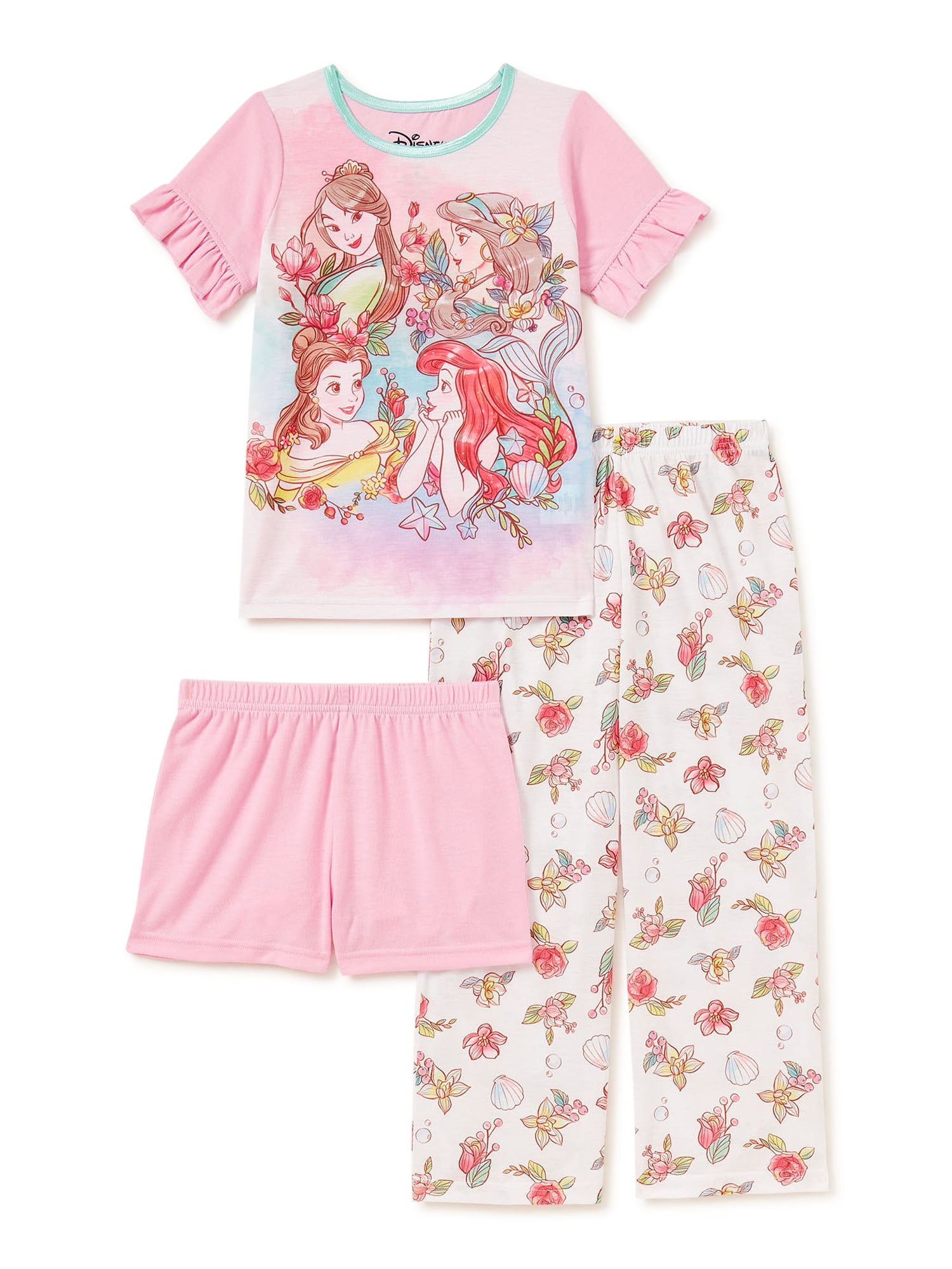 Disney Princess Girls Short Sleeve Top, Shorts, and Pant, 3-Piece ...