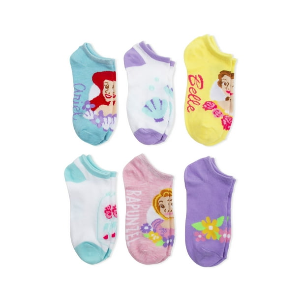 Disney Princess Girls Socks, 6 Pack No Show Belle, Ariel, Rapunzel ...