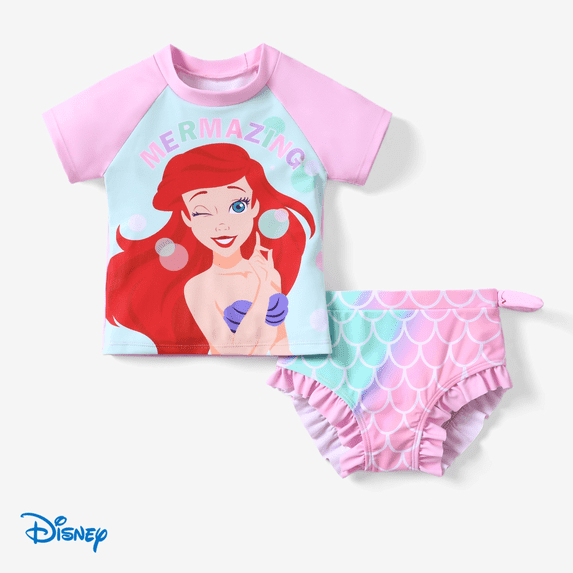 Disney Princess Girls Swimsuit Ariel Rapunzel Tiana Rash Guard 2 Pieces ...
