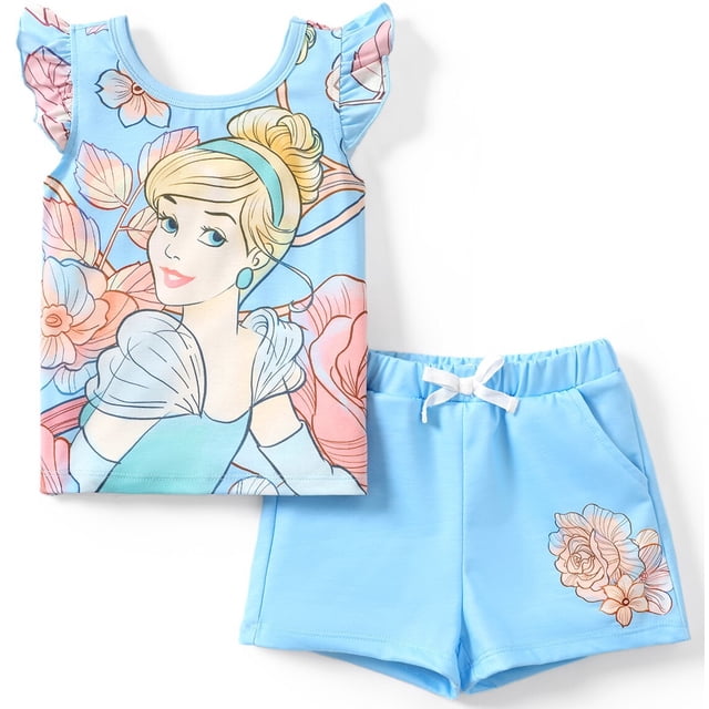 Disney Princess Girls T Shirt and Shorts Cinderella Character Ruffled 2 ...