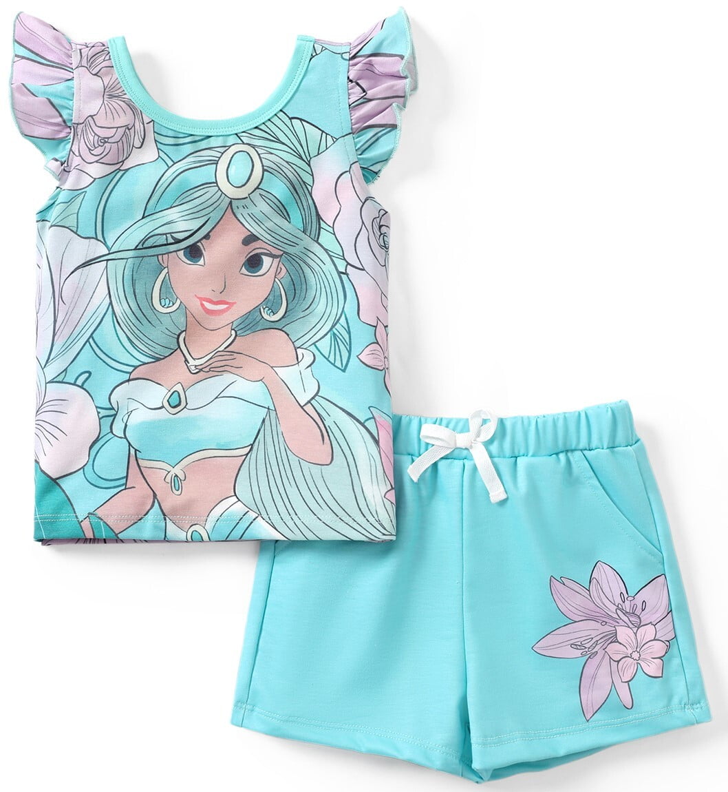 Disney Princess Girls T Shirt and Shorts Jasmine Character Ruffled 2 ...