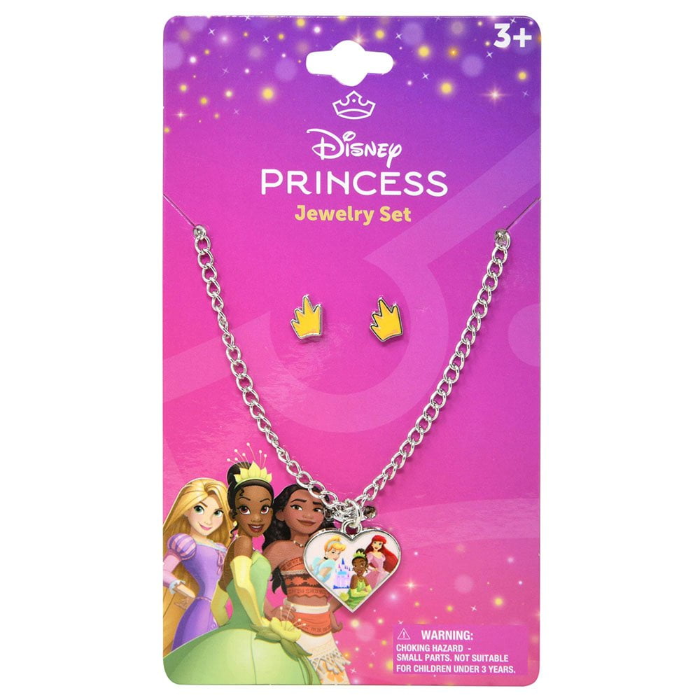 Disney Princess Metal Necklace & Earring Jewelry Set on Card, GIRLS ...