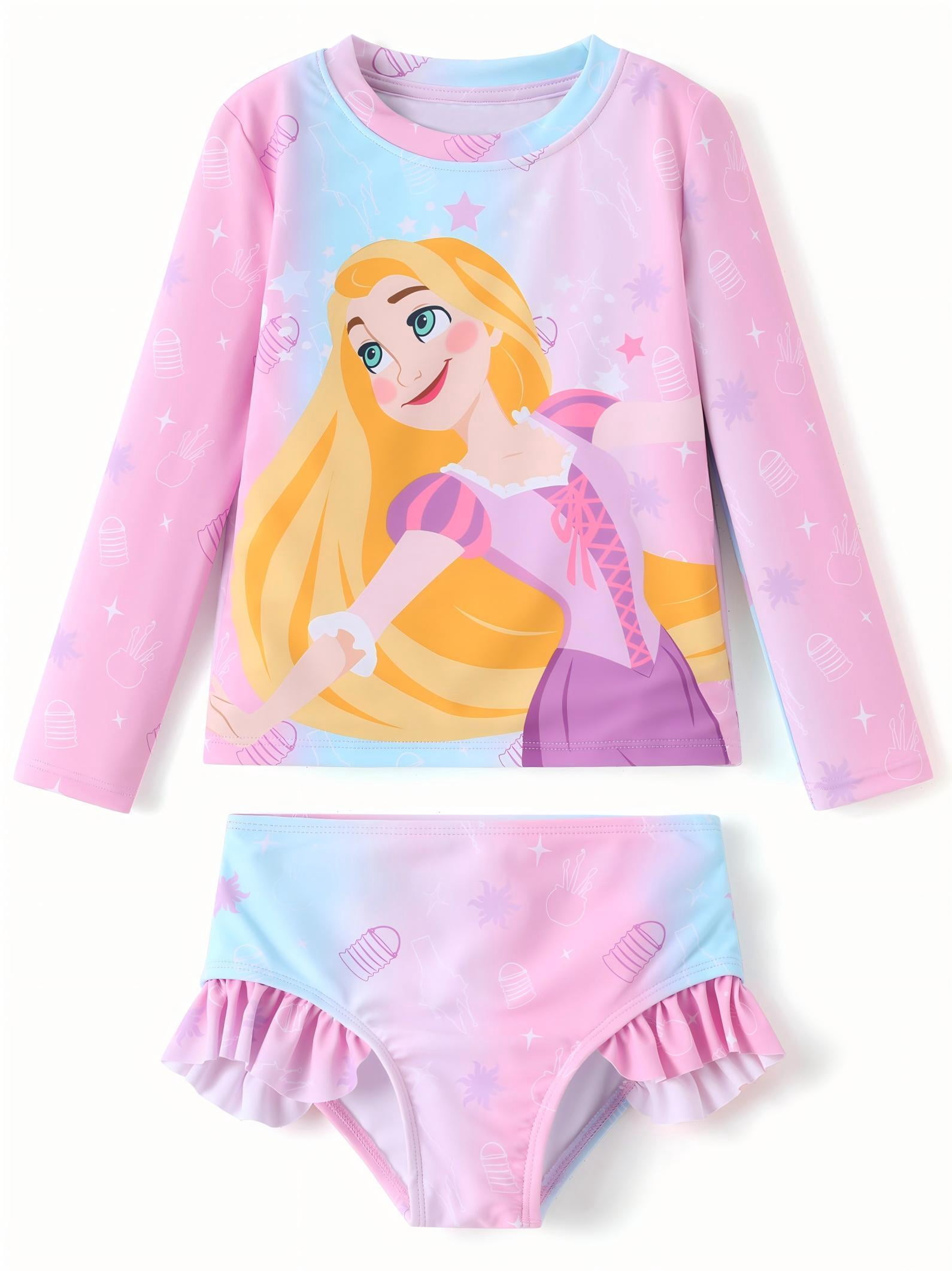 Disney Princess Rapunzel Girls Rash Guard Swimsuit Long Sleeve Top and ...