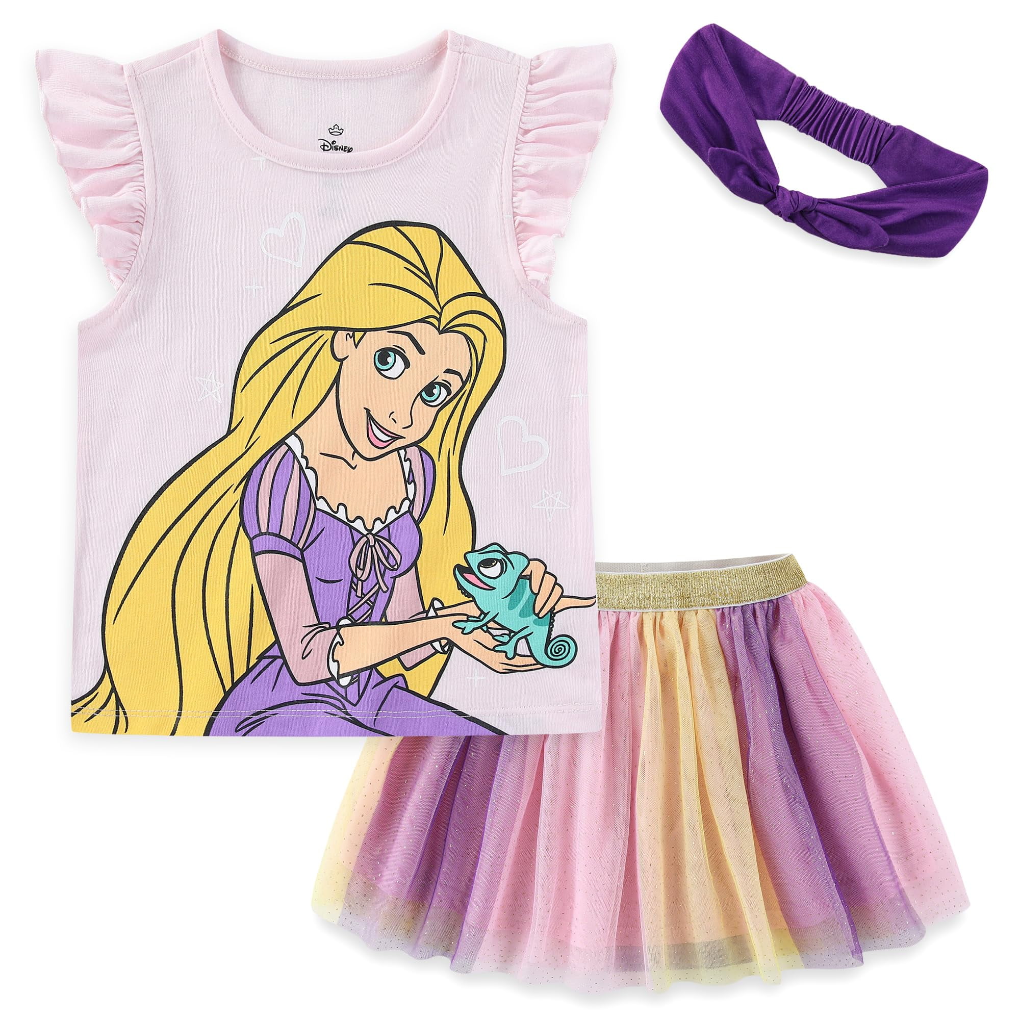 Disney Princess Rapunzel Short Sleeve Shirt and Tulle Tutu Skirt with Headband (Girls), 3 Piece ...