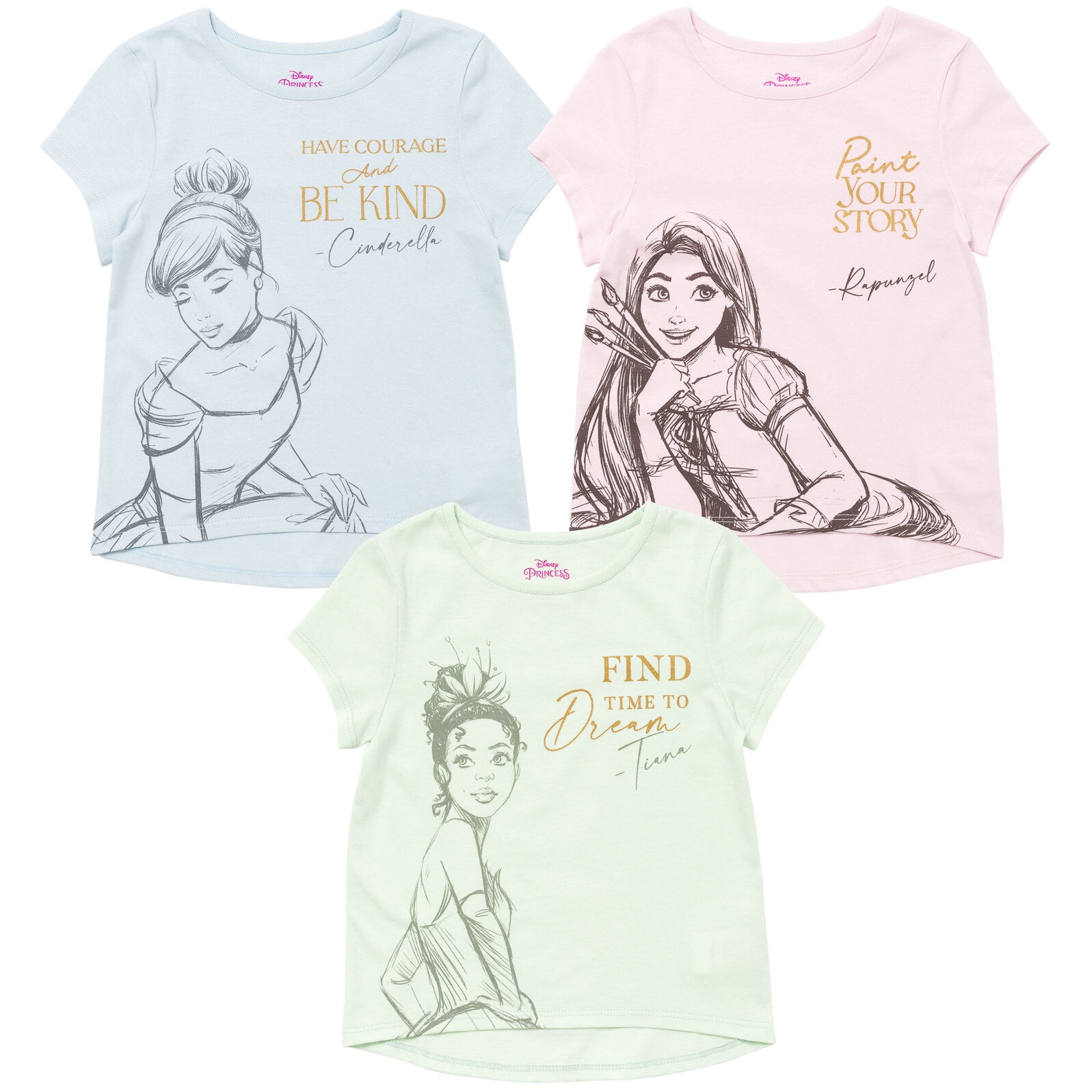 Disney Princess Rapunzel Tiana Cinderella Big Girls 3 Pack T-Shirts ...