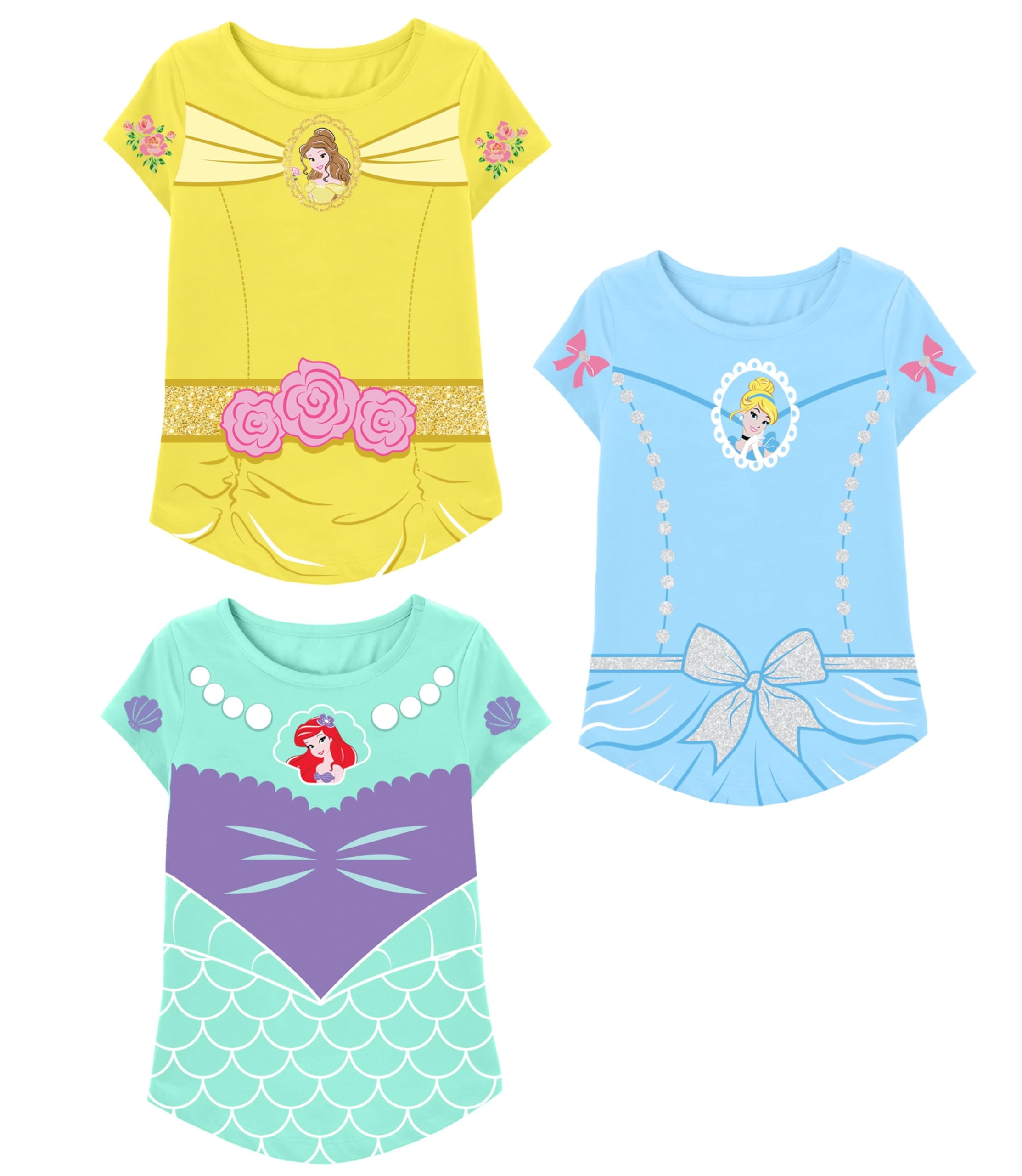 Disney Princess T-Shirts (3-Pack) Girls Short Sleeve Aurora, Cinderella ...