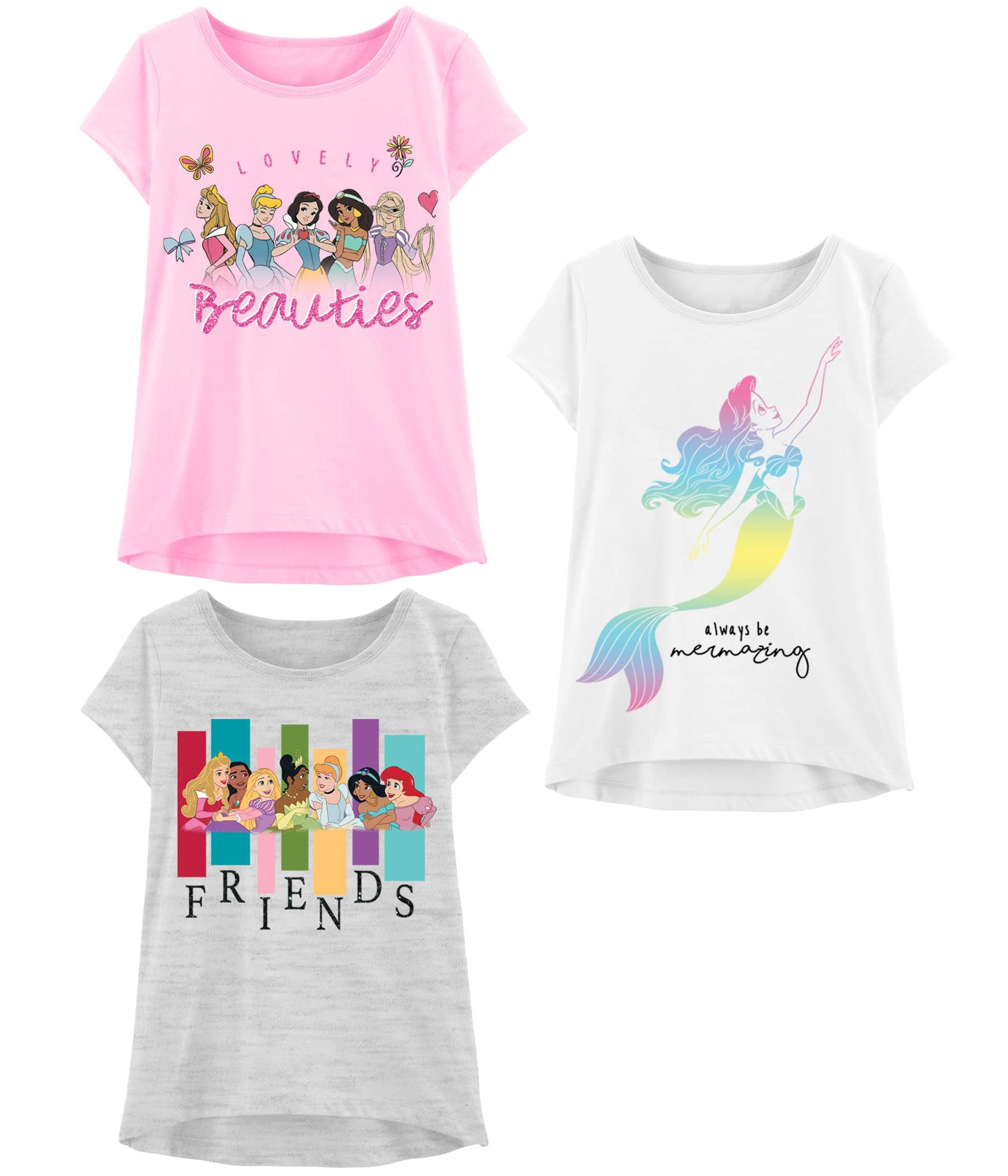 Disney Princess T-Shirts (3-Pack) Girls Short Sleeve Aurora, Cinderella ...