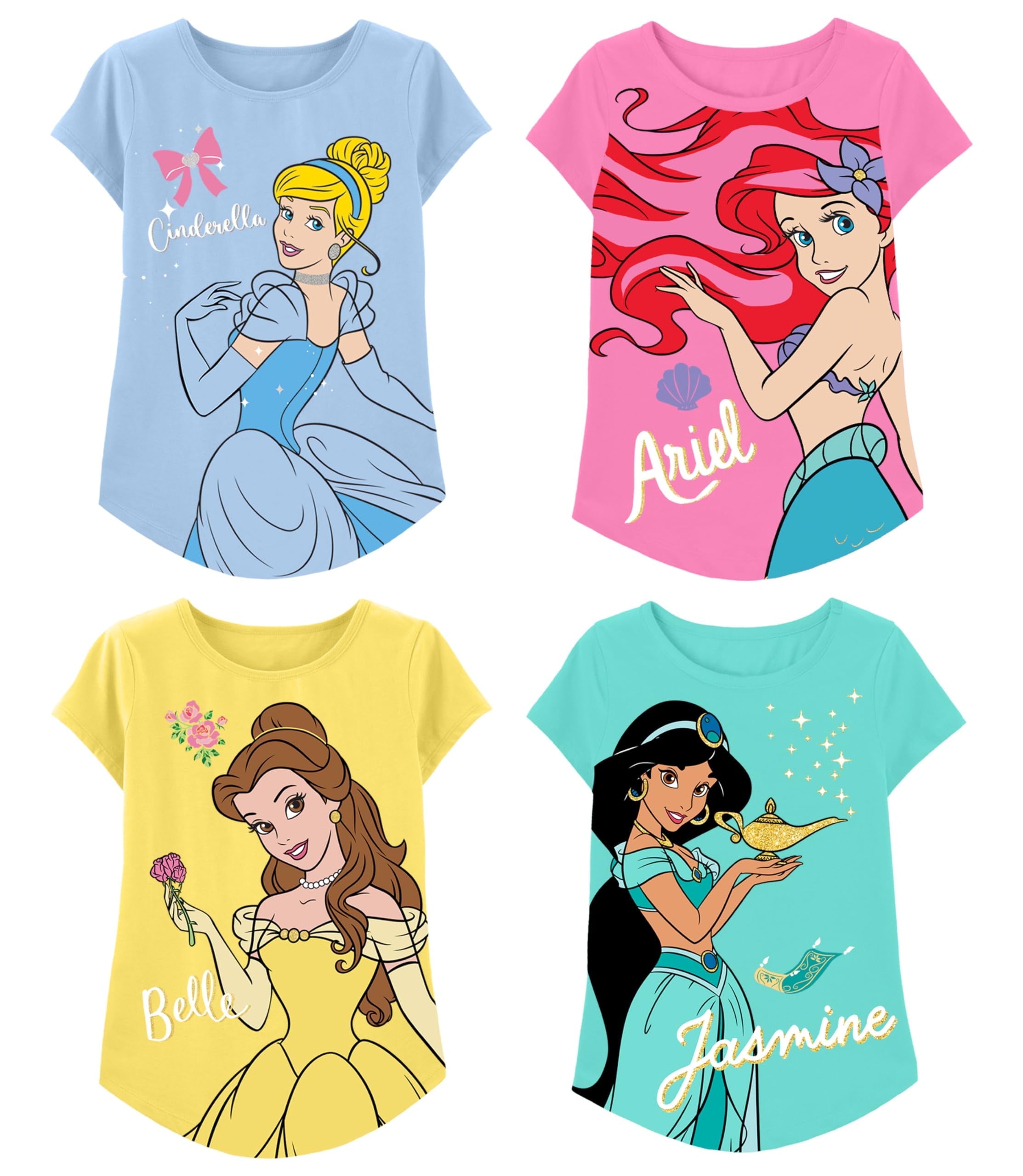 Disney Princess T-Shirts (4-Pack) Girls Short Sleeve Aurora, Cinderella ...