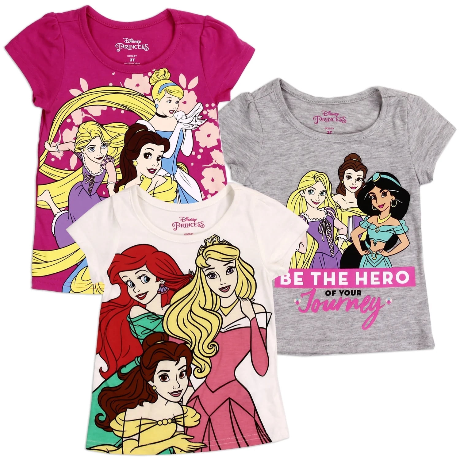 Disney Princess T-Shirts Girls Toddler 3-Pack Tops Cinderella Rapunzel ...