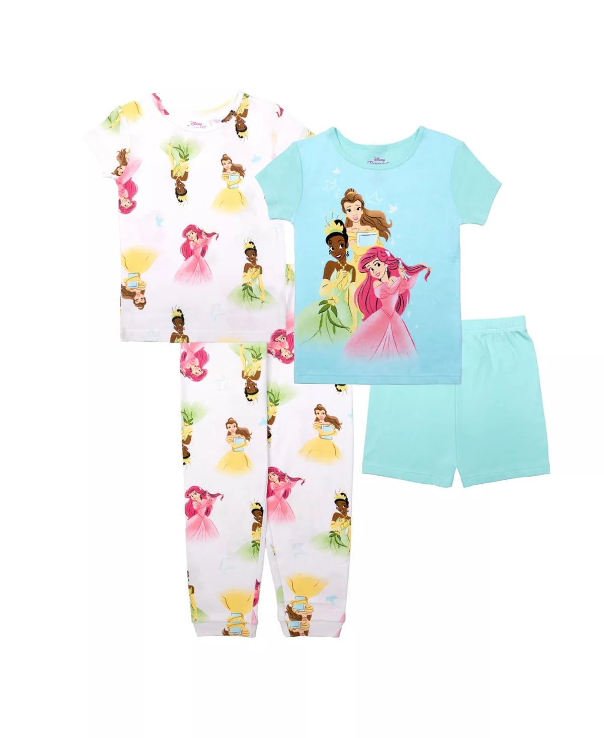 Disney Princess Tiana, Belle and Ariel Toddler Girl's 4-Piece Pajama ...