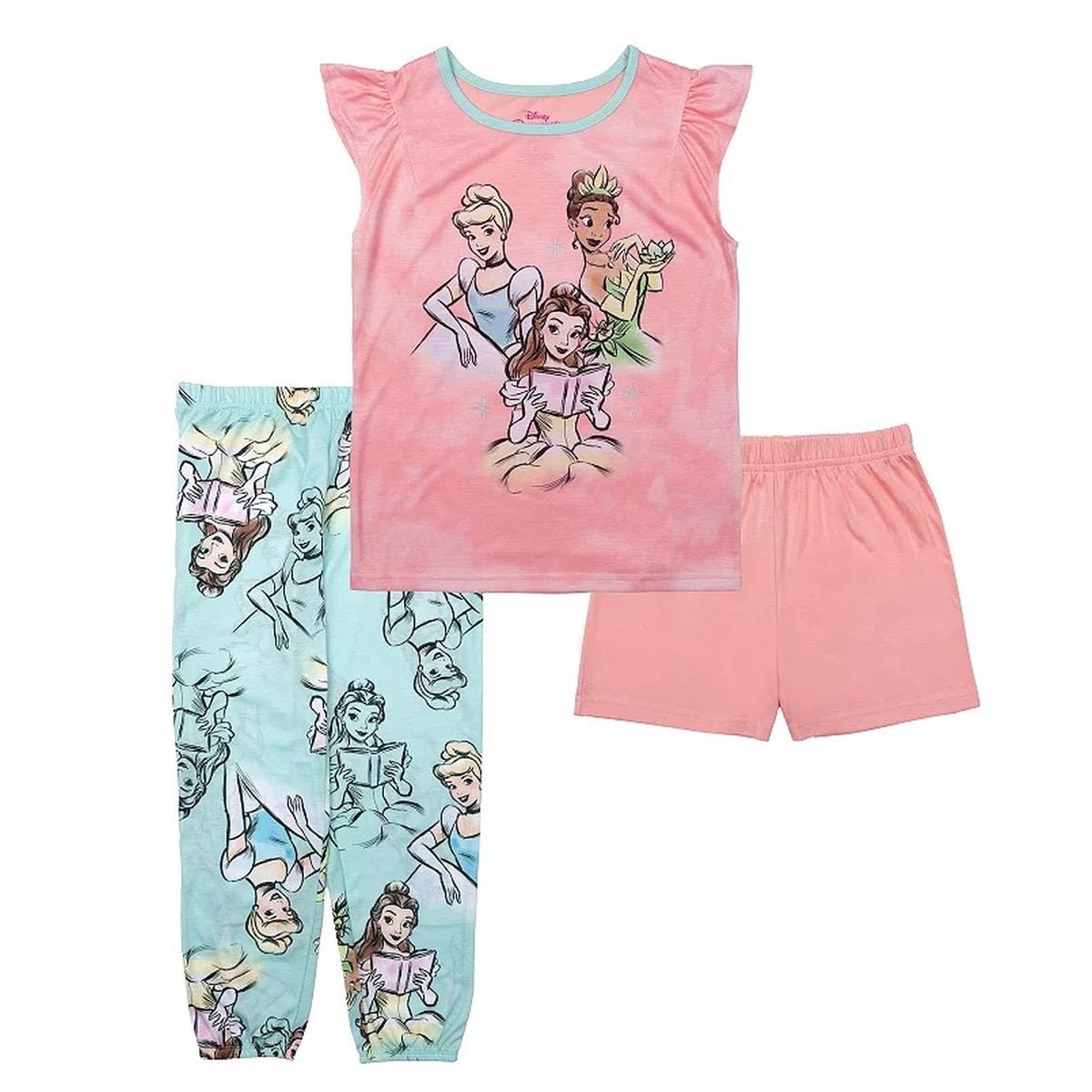 Disney Princess Tiana, Cinderella and Belle Girl's 3-Piece Pajama Set ...
