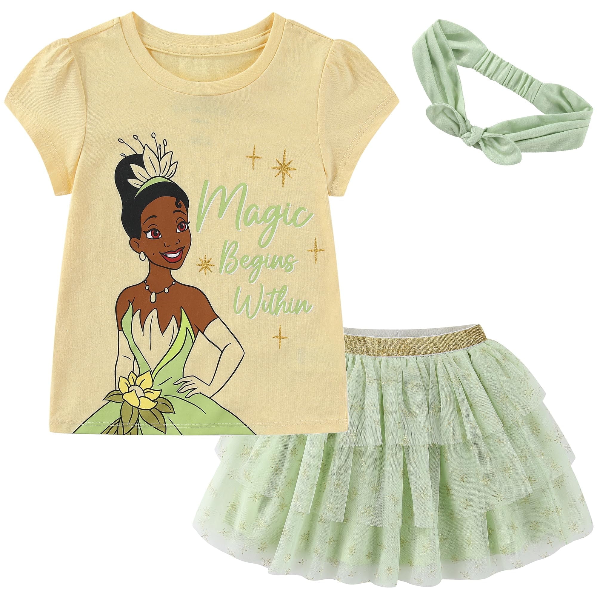 Disney Princess Tiana Short Sleeve Shirt and Tulle Tutu Skirt with Headband (Girls), 3 Piece Set ...