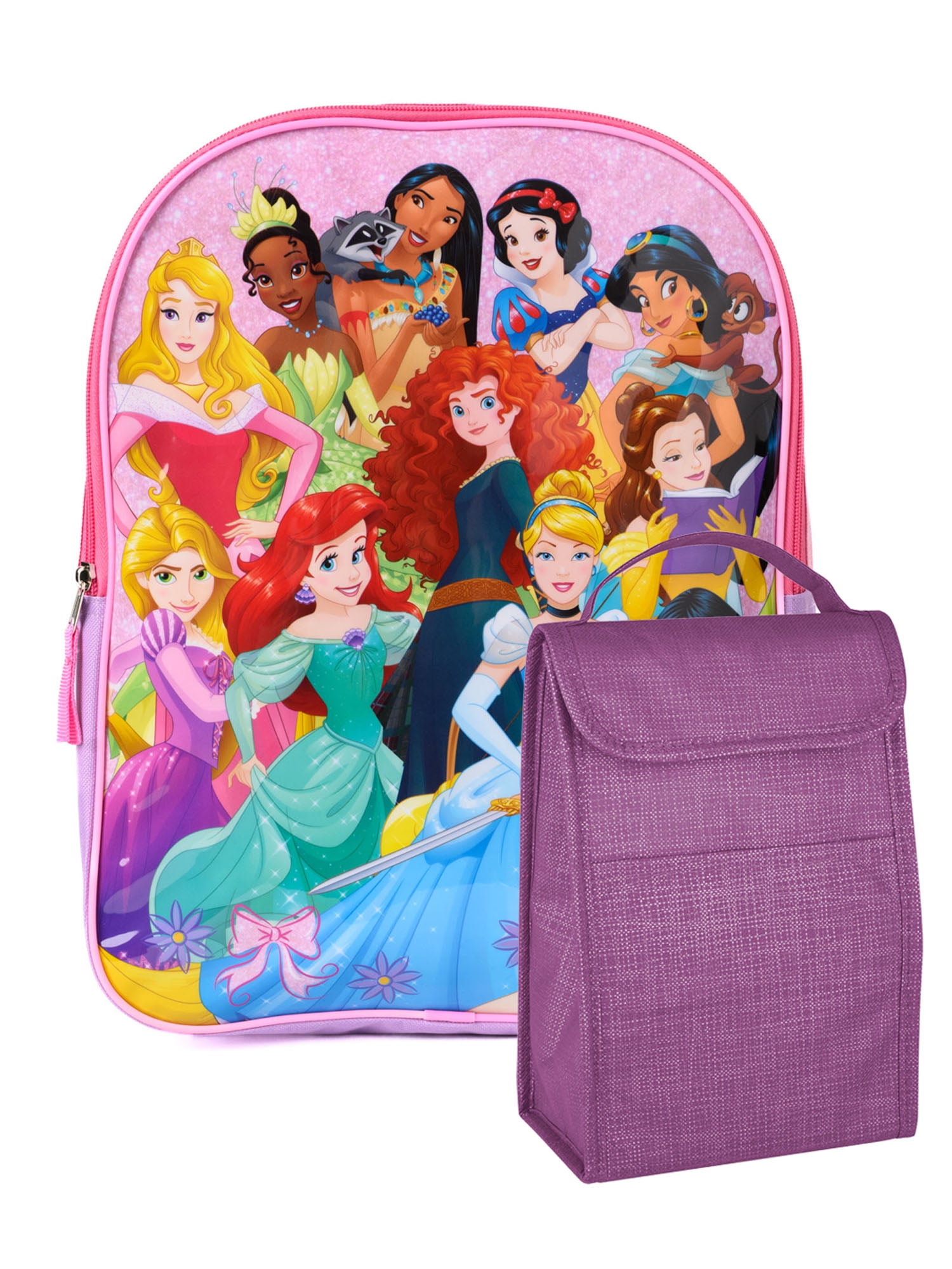 Disney Princesses Backpack 15" Ariel w/ Purple Insulated Lunch Bag 2 ...