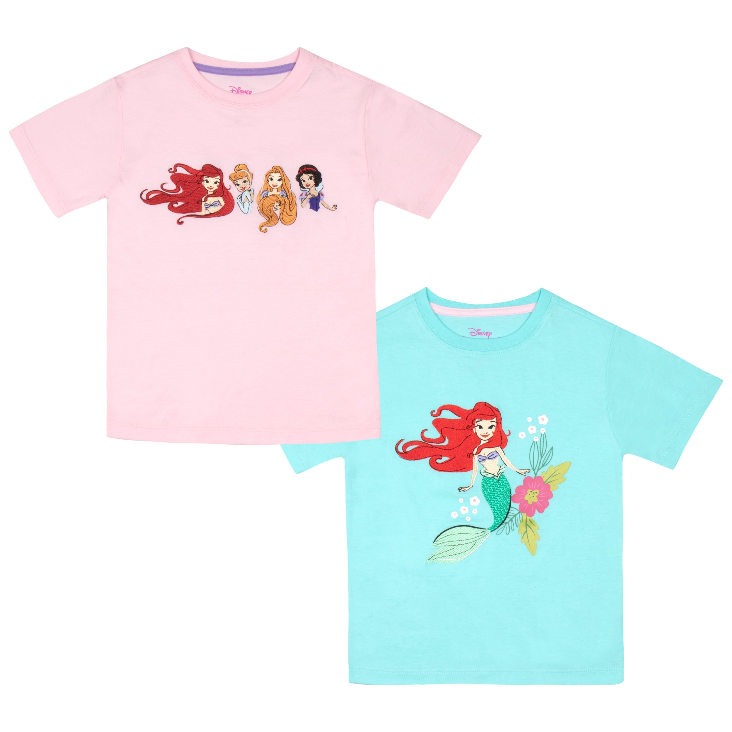 Disney Princesses Girls 2-Pack Short Sleeve T-Shirt Bundle Set for Kids ...