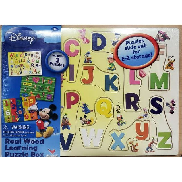Disney Real Wood Learning Puzzle Box Includes 3 Puzzles - ABCs, Numbers ...
