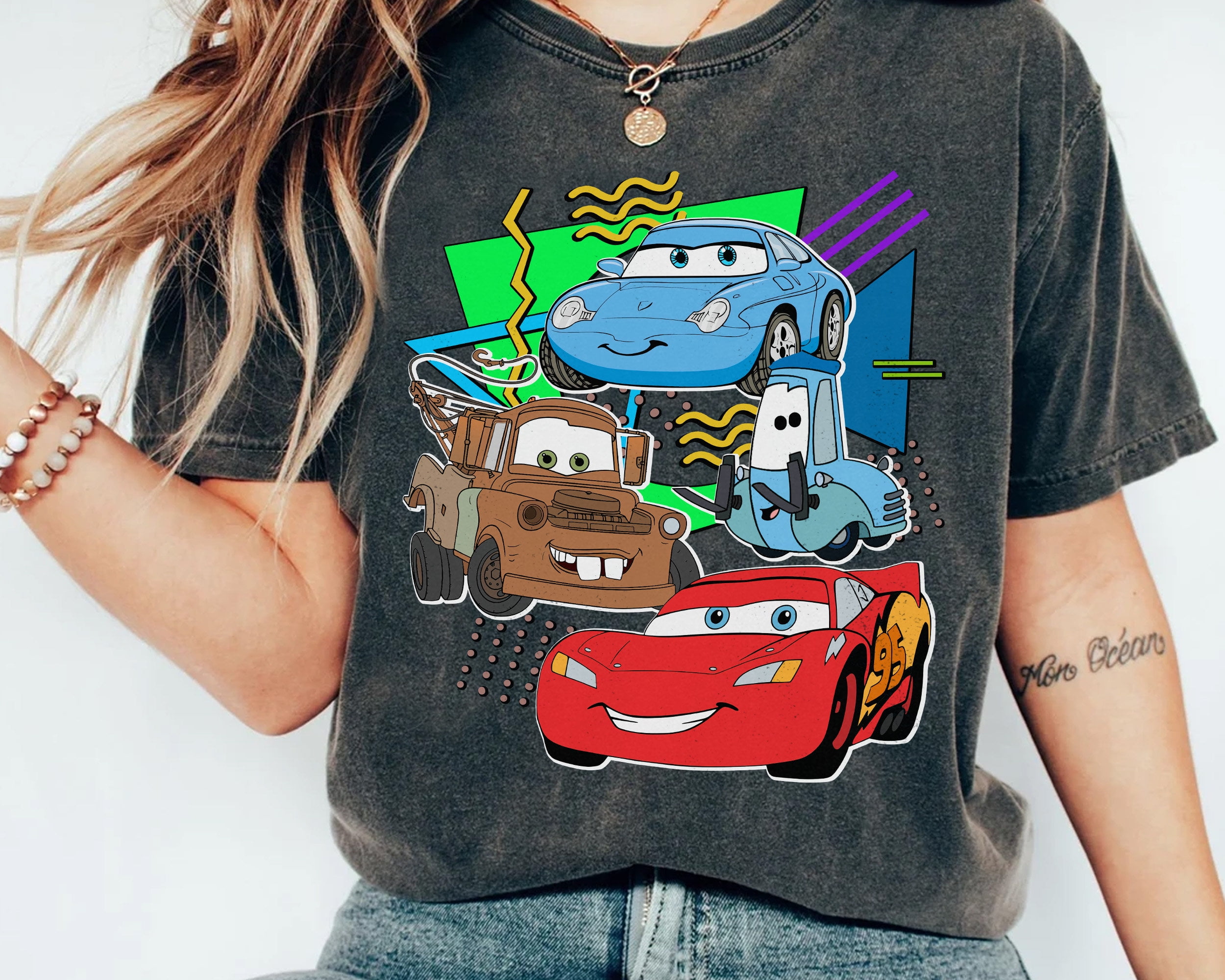 Disney Retro 90s Style Group Shot Pixar Cars Characters Squad Shirt ...