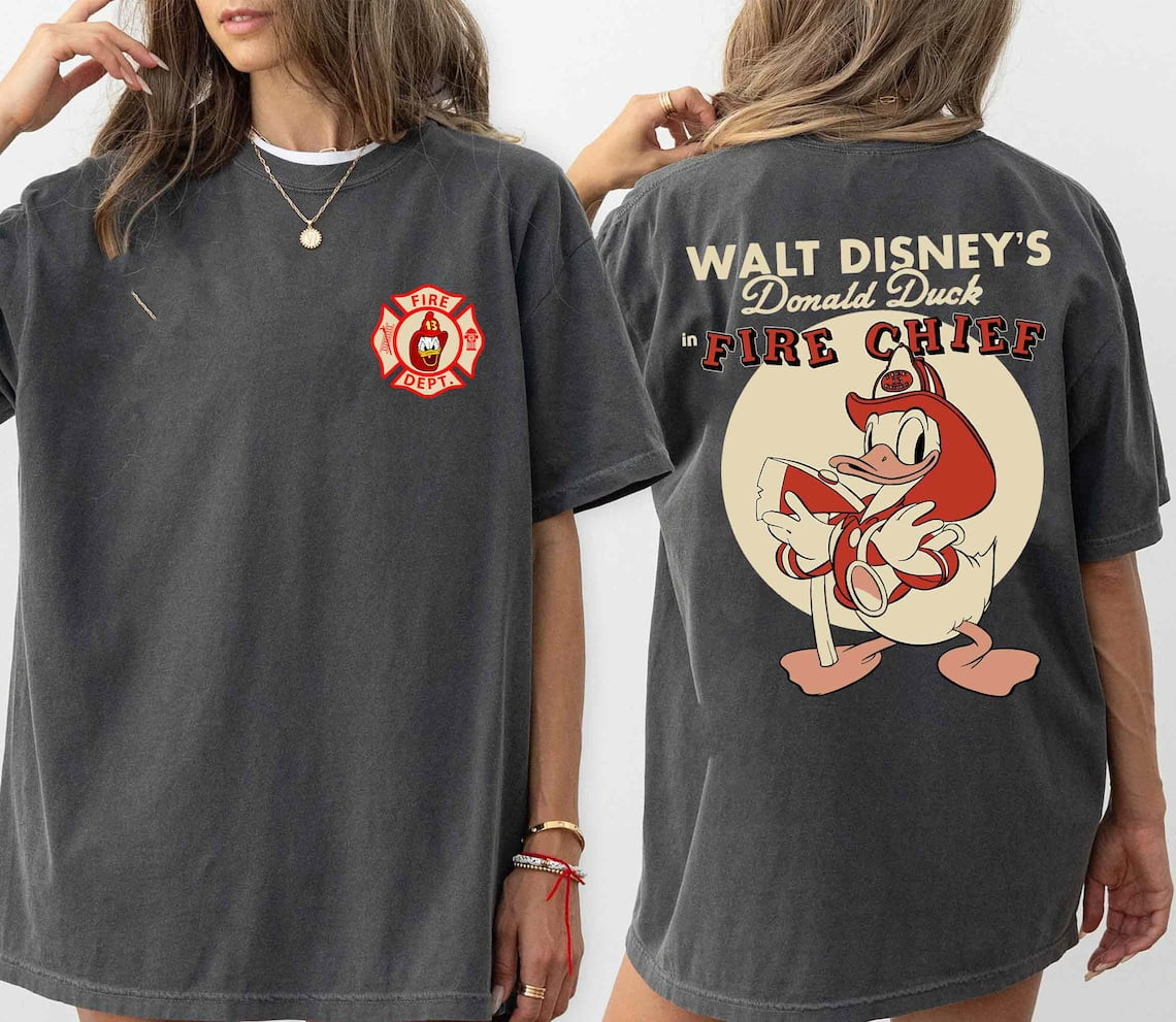 Disney Retro Donald Duck Fire Chief 2Sided T-shirt, Firefighter Washed ...