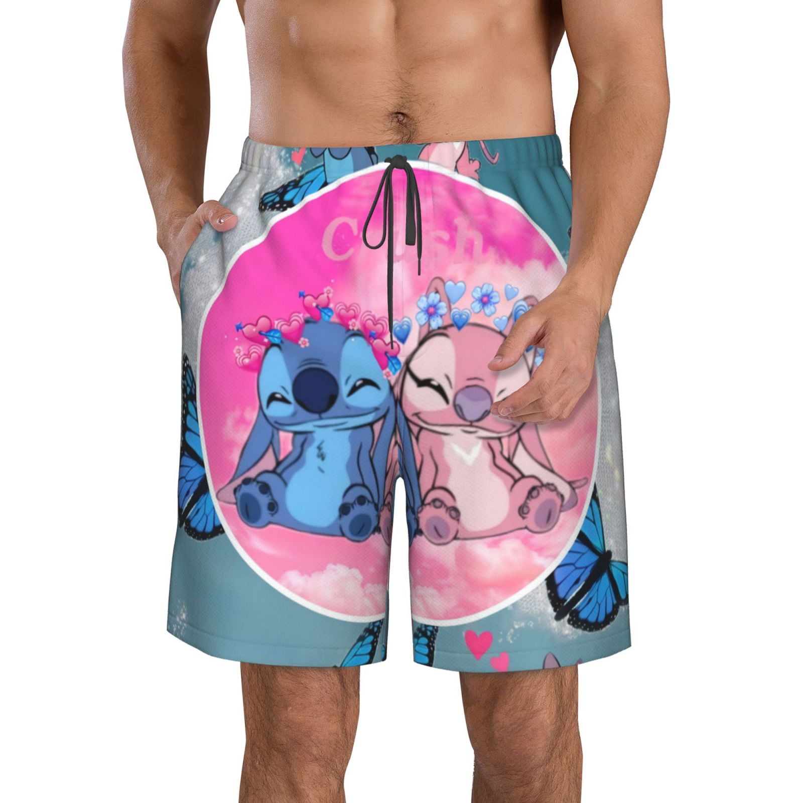 Disney Stitch And Angel 6 Summer Beach Sign Mens Swim Trunks Quick Dry ...