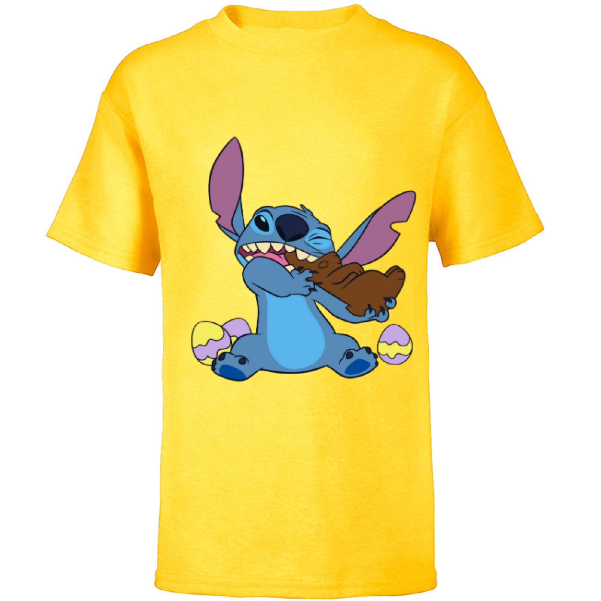 Disney Stitch Eats Chocolate Bunny Easter - Short Sleeve T-Shirt for Kids - Customized-Yellow ...