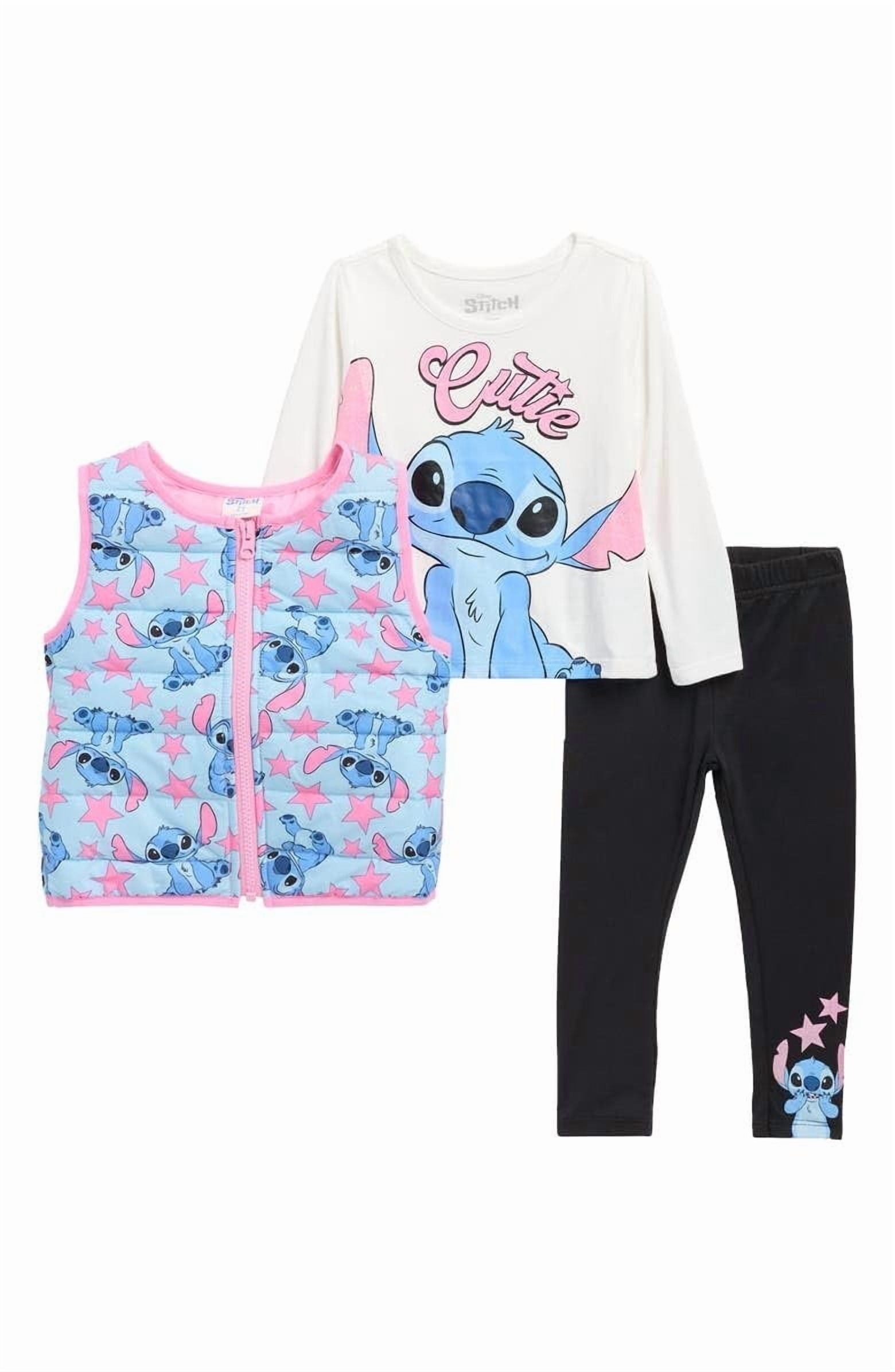 Disney Stitch Girls 3-Piece Outfit Set Puffer Vest, Long Sleeve Cutie ...