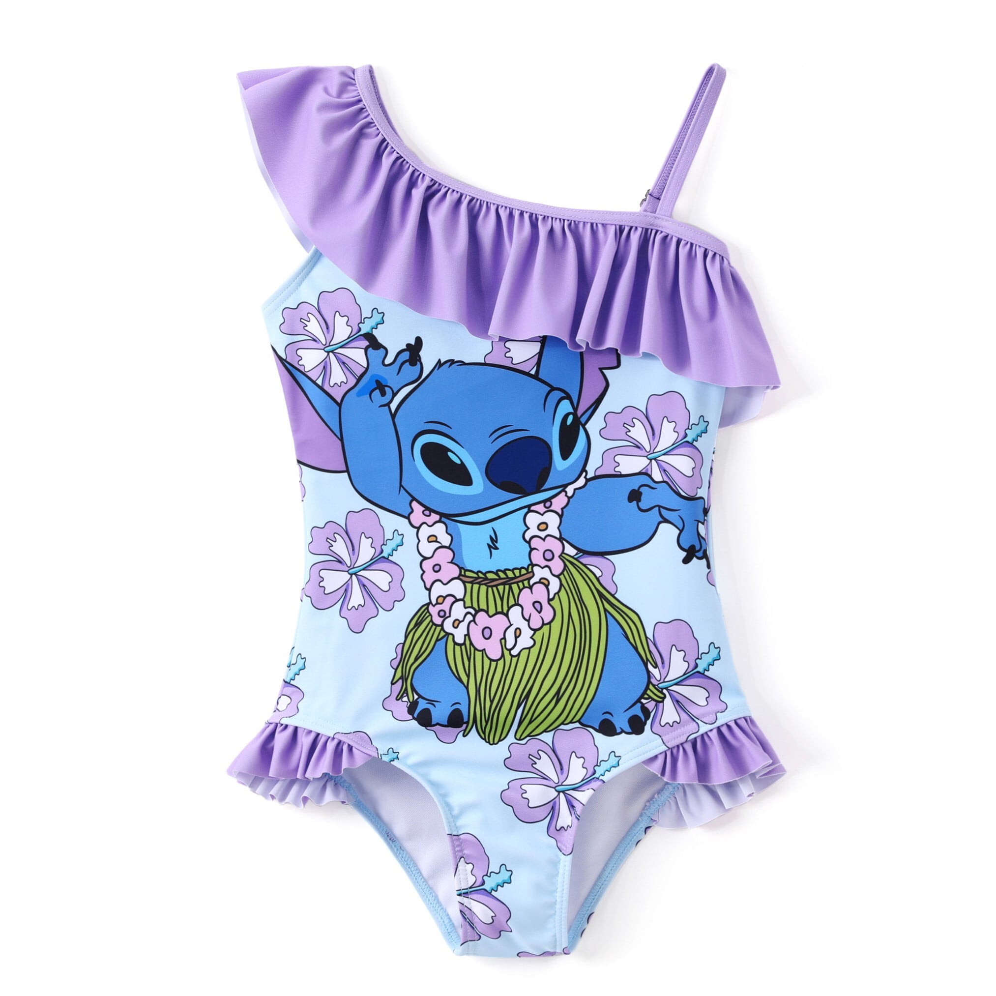 Disney Stitch Girls Swimsuit Graphic One Piece Ruffled One Shoulder ...