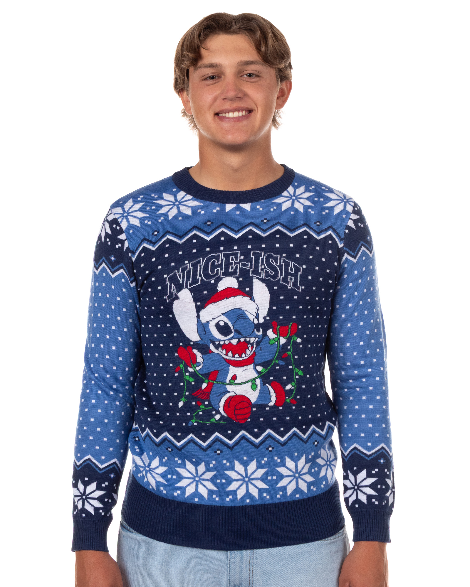 Disney Stitch Men's Nice-Ish Holiday Lights Pullover Ugly Christmas ...
