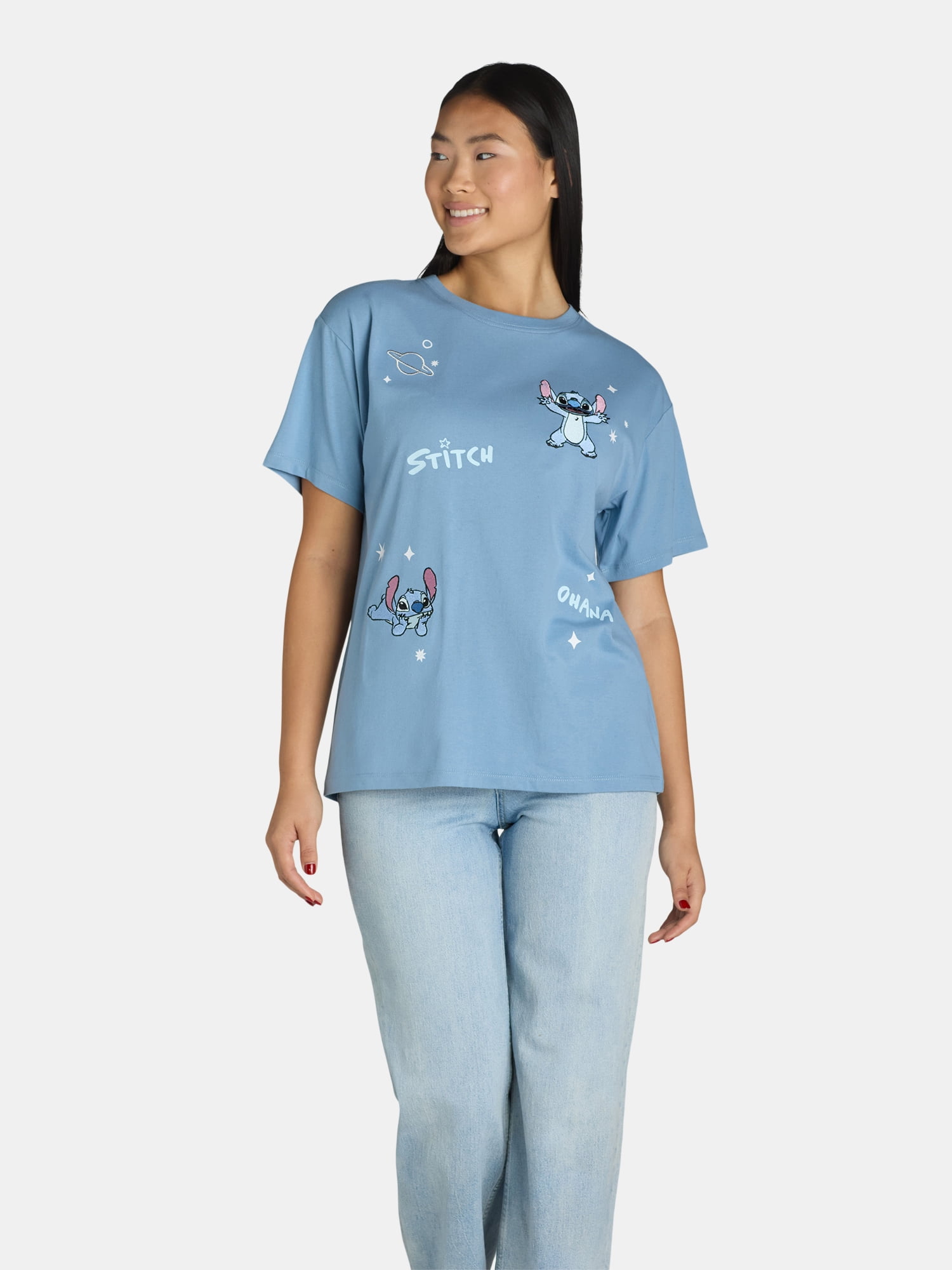 Disney Stitch Juniors Graphic Multi Patch Tee with Short Sleeves, Sizes ...