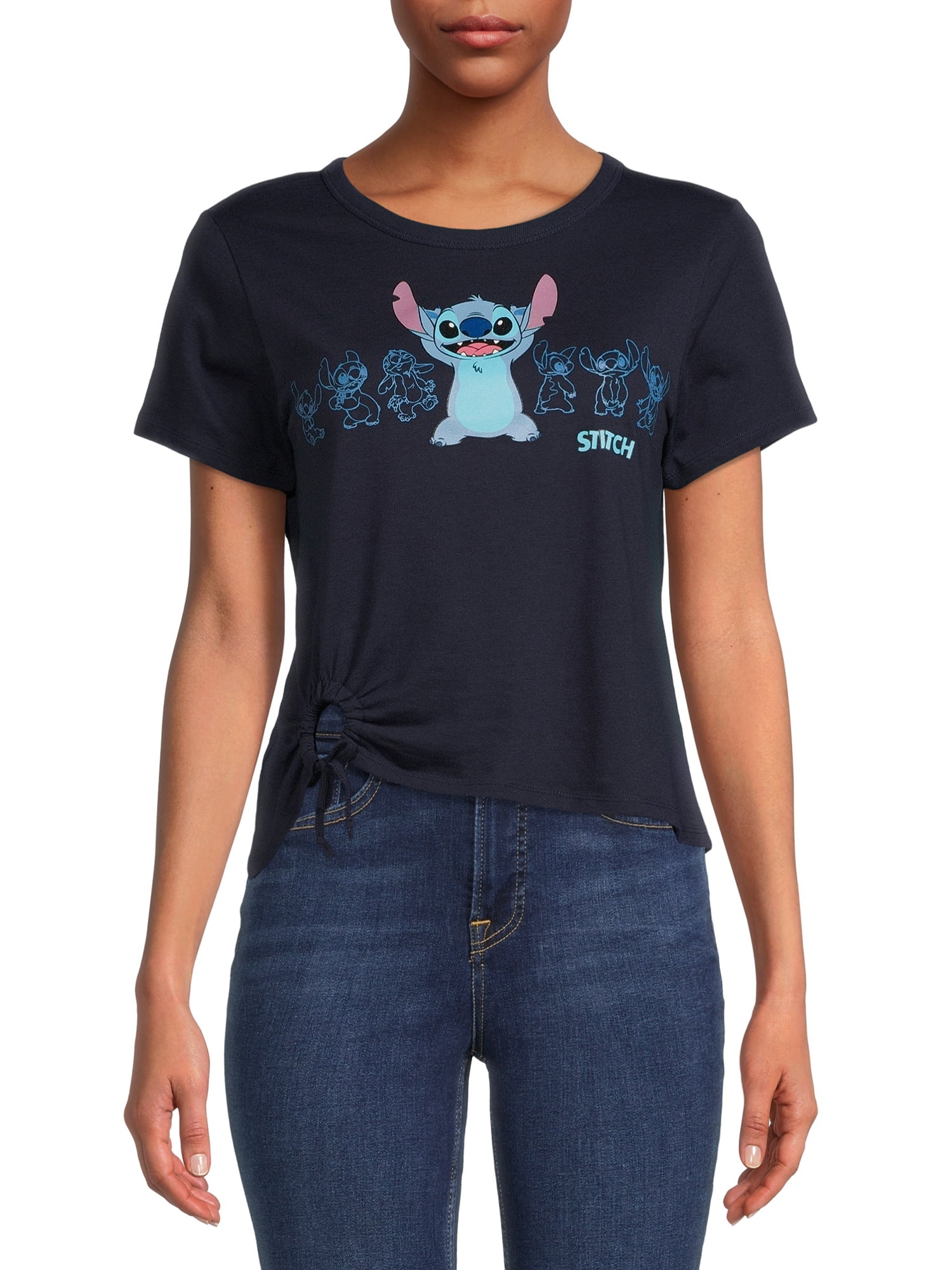 Disney Stitch Women's Juniors Line Up Short Sleeve Tie Front Fashion ...