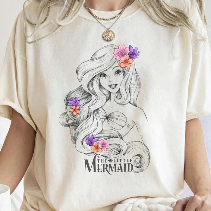 Disney The Little Mermaid Floral Ariel Line Portrait Shirt, Disneyworld ...