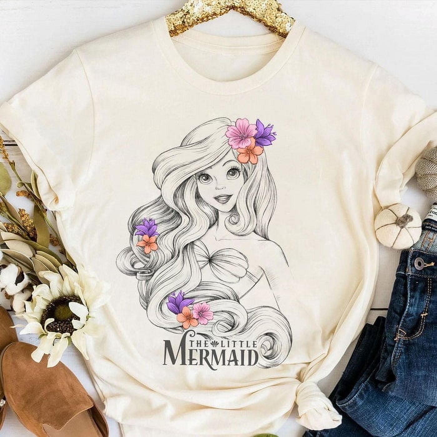 Disney The Little Mermaid Floral Ariel Line Portrait Shirt, Princess ...