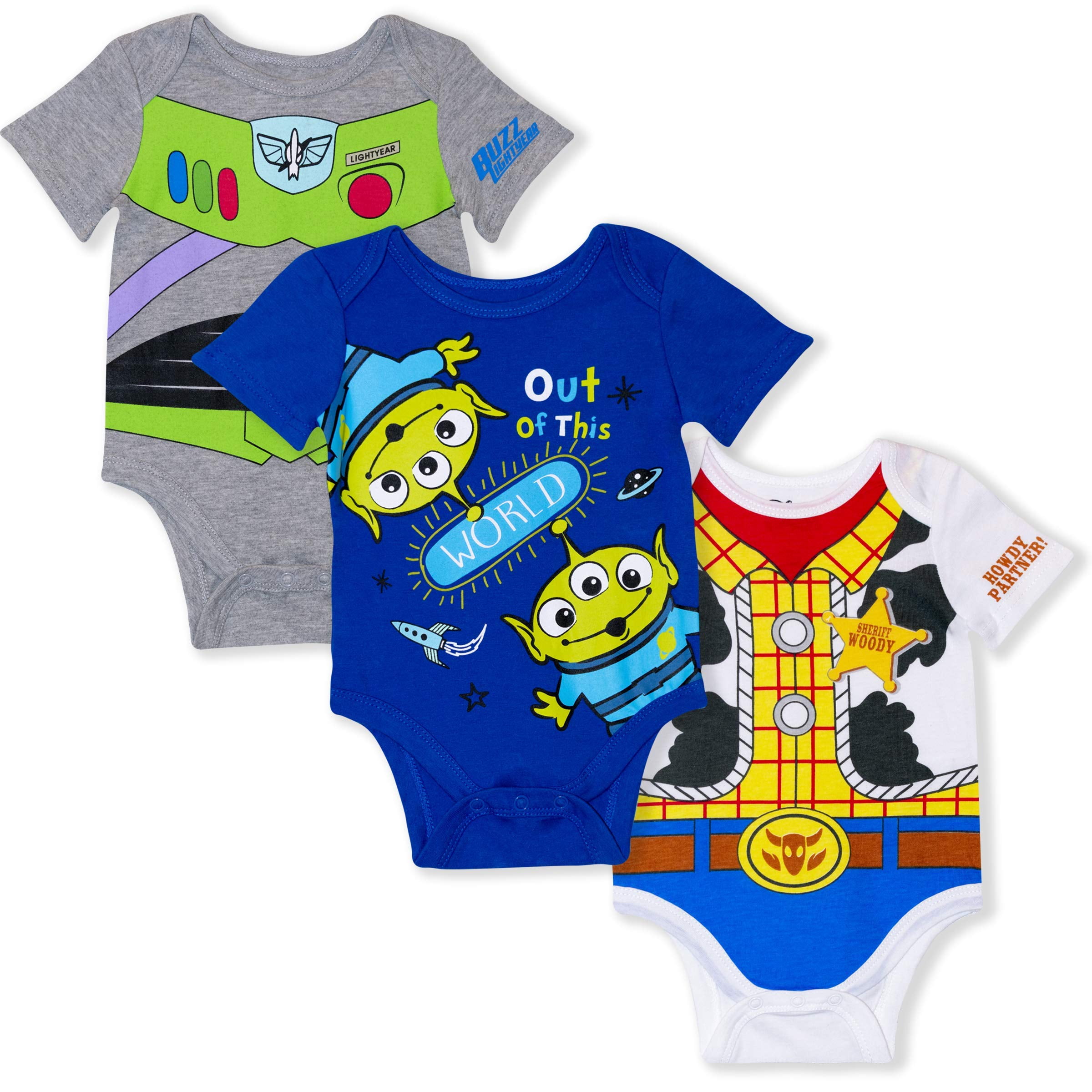 Disney Toy Story Woody, Green Aliens & Buzz Baby Boys 3 Pack Bodysuit ...