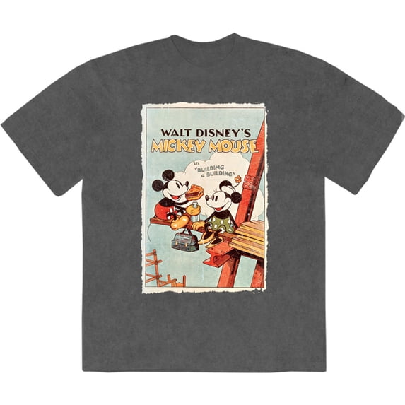 Disney Unisex Stone Wash T-Shirt Mickey Building A Building (Charcoal ...