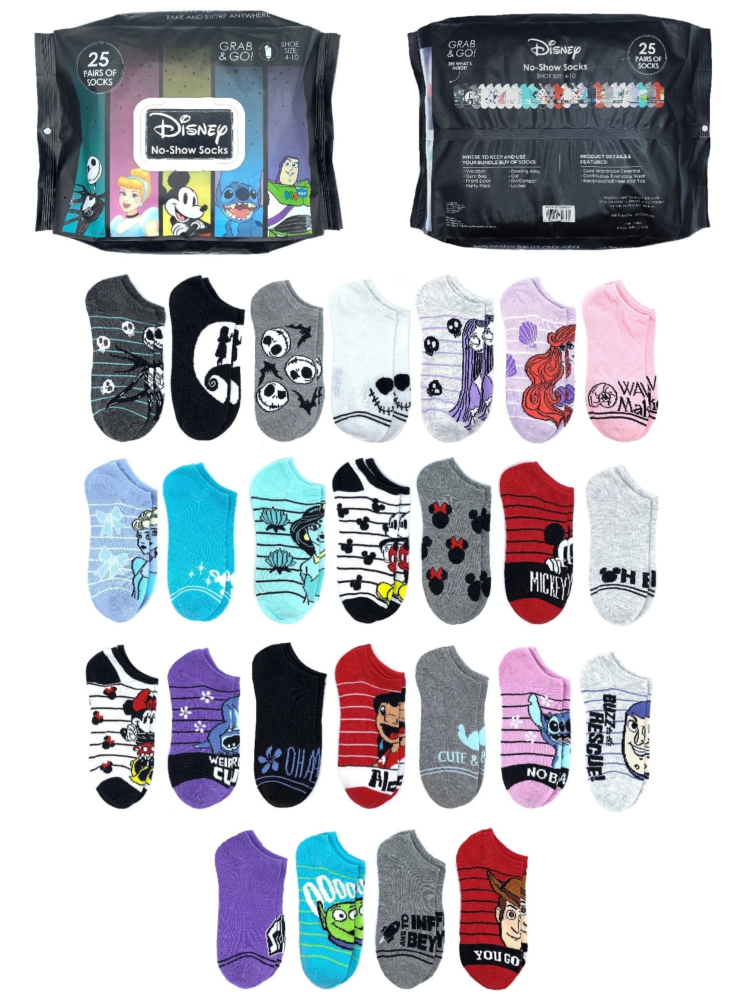 Disney Women's No-Show Socks, 25-Pack, Lightweight Breathable, Fits ...