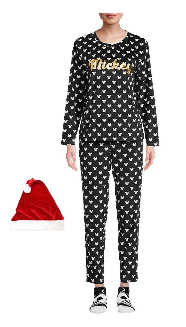 Disney Women's Mickey Mouse 3-Piece Pajama Set with Silky Santa Hat ...